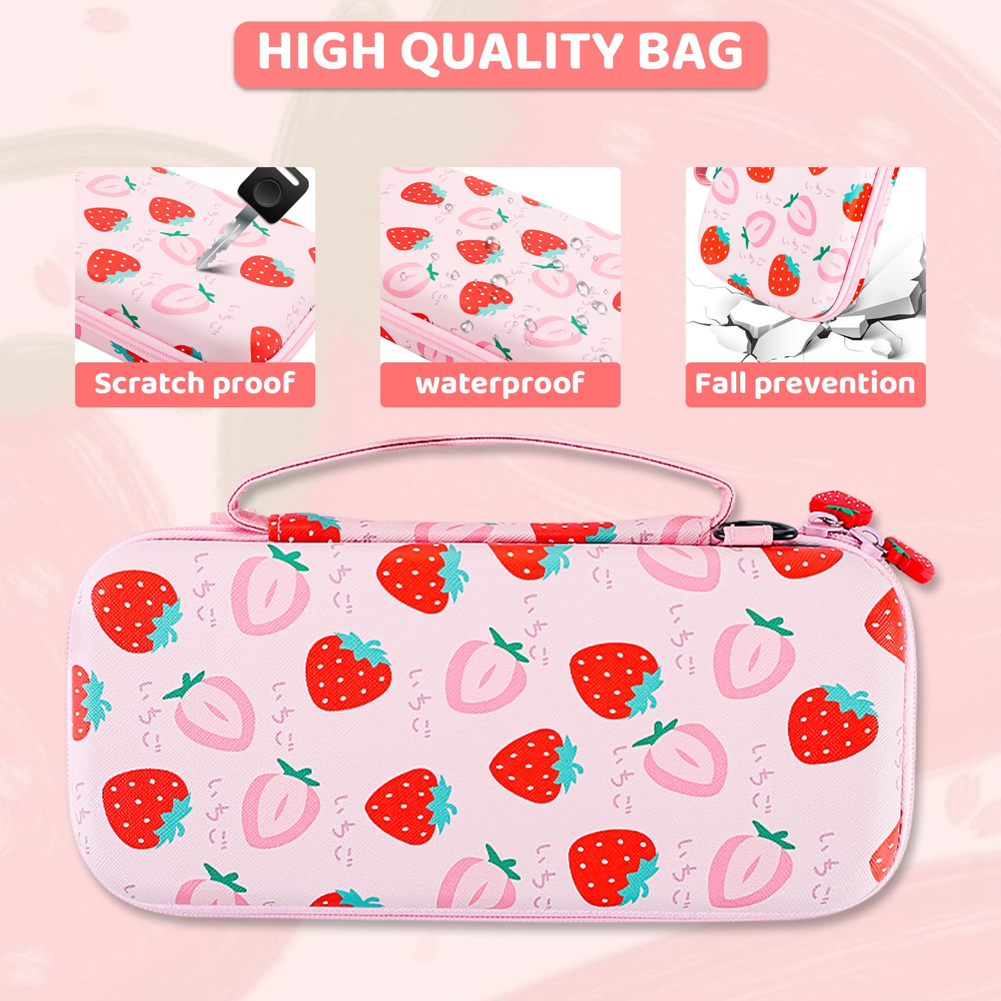 FUNDIARY Cute Strawberry Carrying Case for Nintendo Switch and Switch OLED, Cute Travel Accessories Bag for Switch and Switch OLED, Case with Adjustable Shoulder Strap and 2 Strawberry Thumb Caps