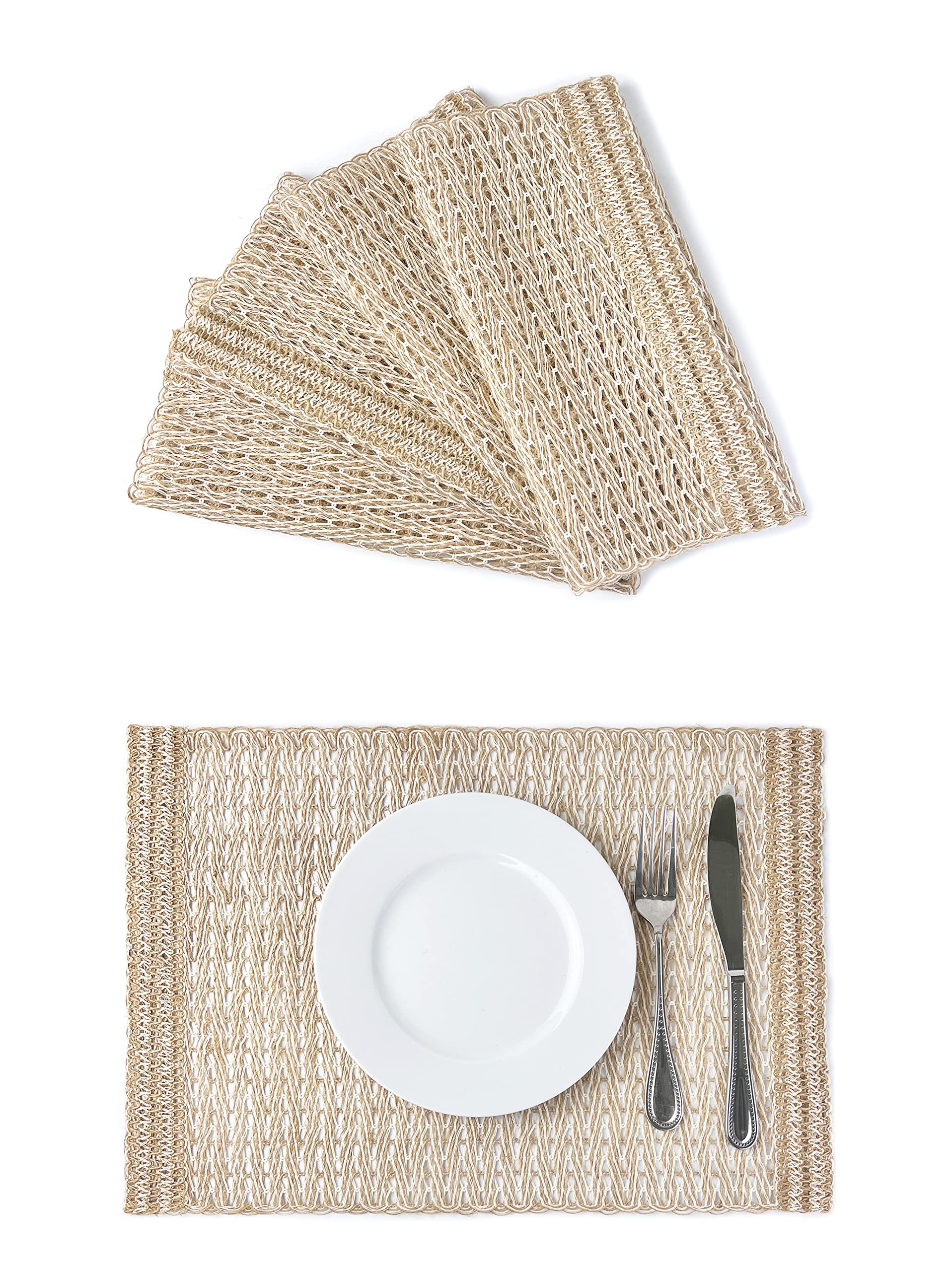 Fennco Styles 100% Jute Design Farmhouse Placemats 13" W x 19" L, Set of 4 - Ivory Table Mats for Home, Dining Room, Banquets, Family Gathering and Special Occasion (Ivory)