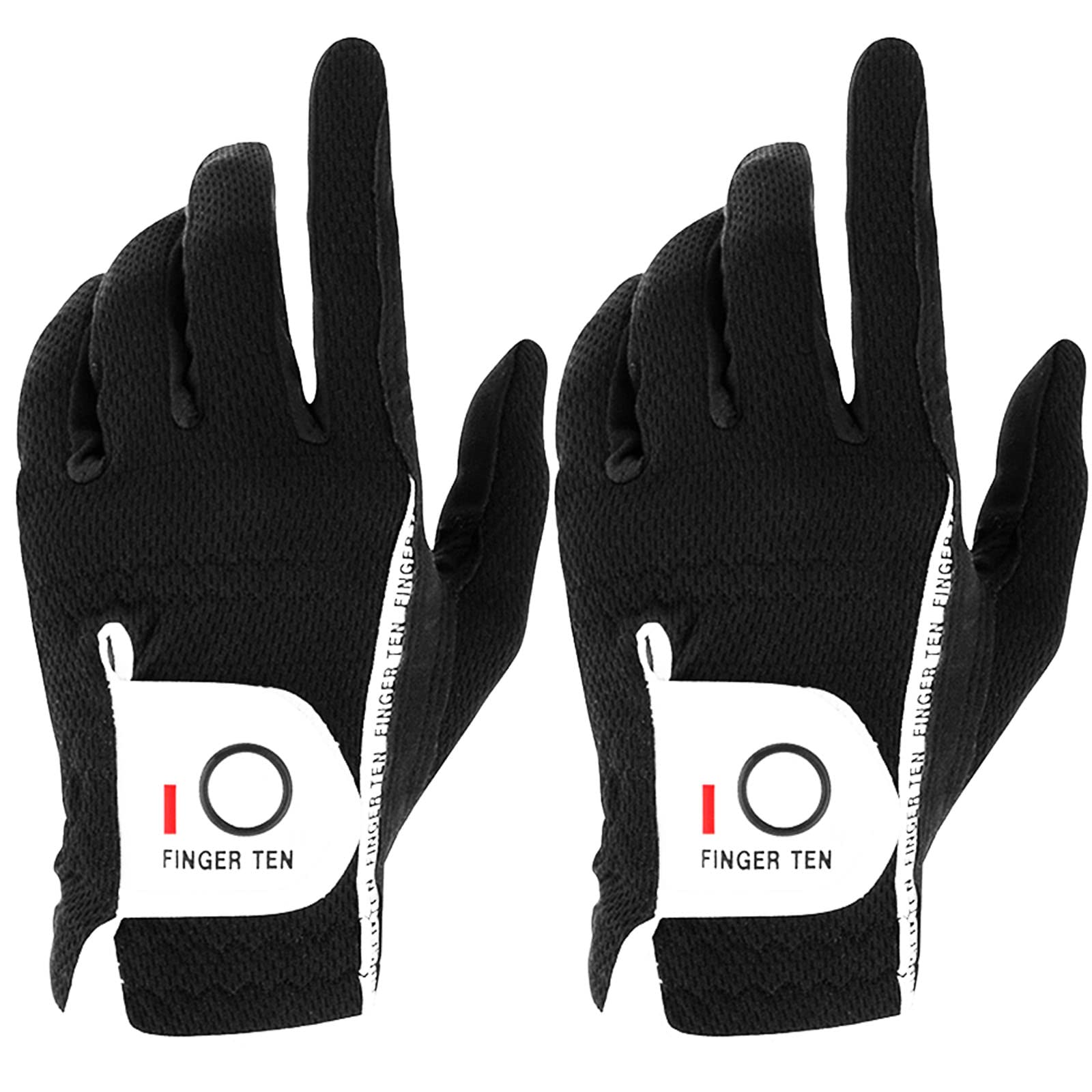 FINGER TEN Men's Golf Gloves for Right Left Handed Golfer Rain Grip Value 2 Pack, Golf Glove for Left or Right Hand Hot Wet Weather No Sweat Black Gray White Blue (Black, X-Large-Worn on Left Hand)