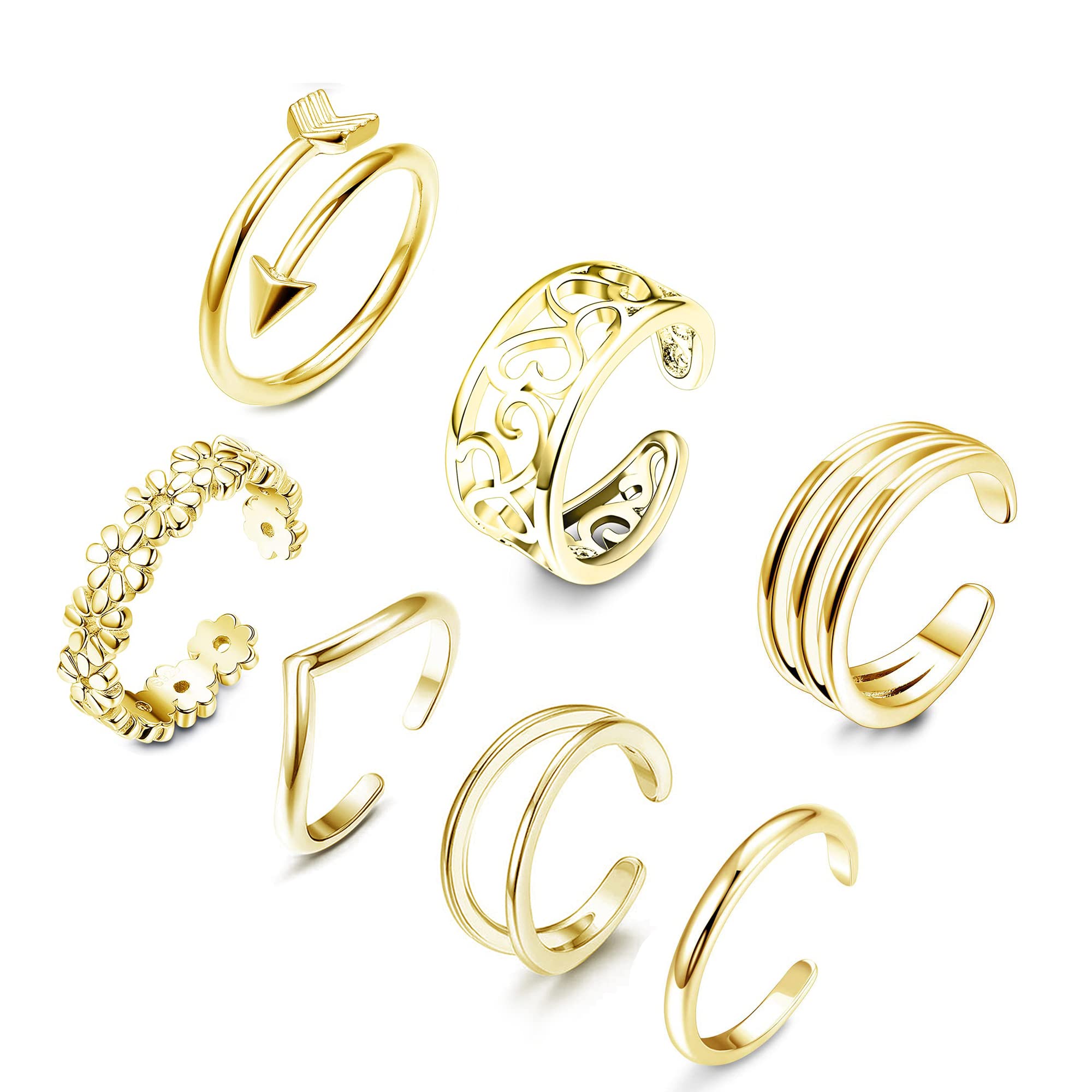FIBO STEEL 7 Pcs Toe Rings for Women Flower Open Tail Ring Adjustable Gold-Tone