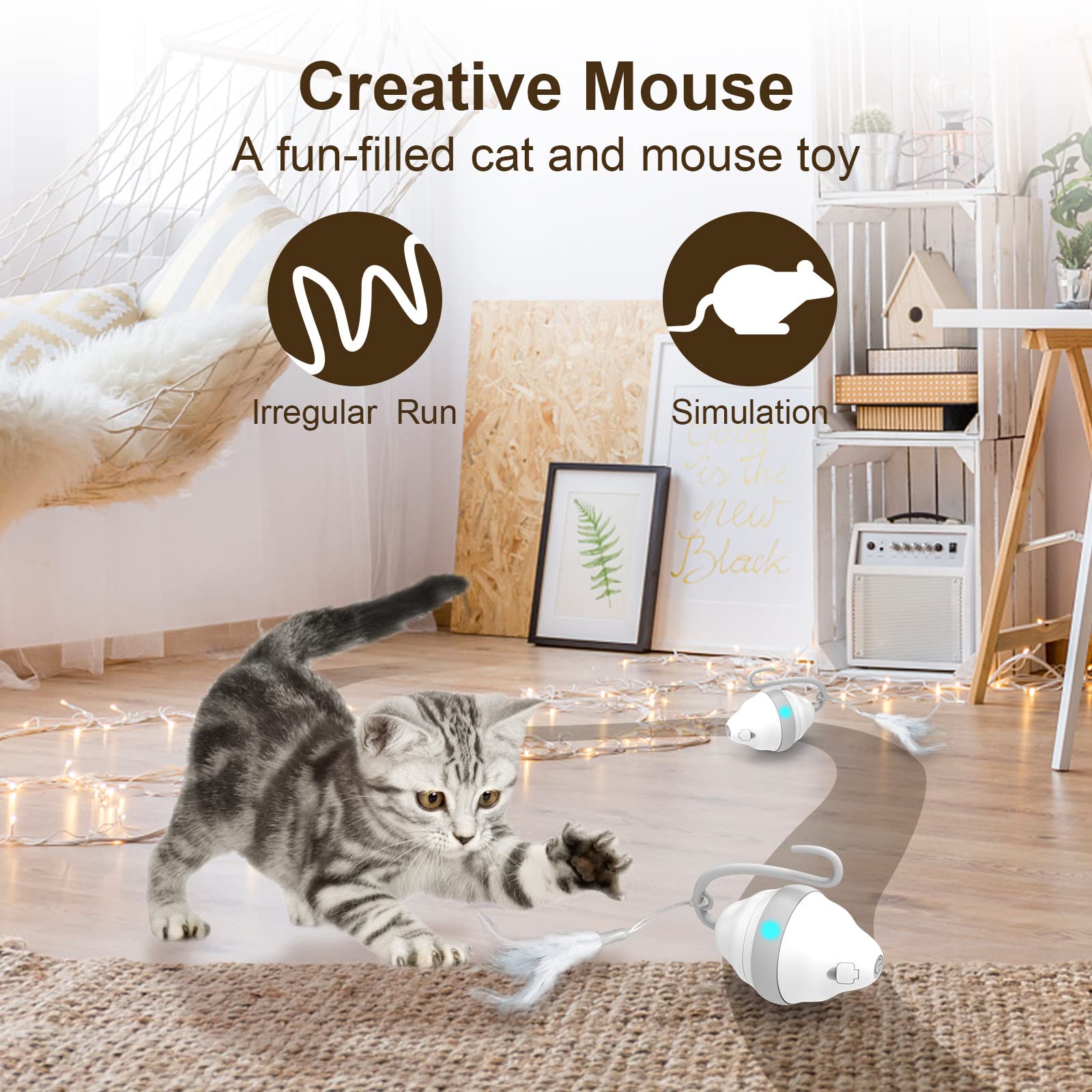 Found Notice Interactive Cat Toy - N in 1 Automatic Moving Ball with LED Lights, Mice Feather Toys for Cats/Puppies, Two Speeds, and USB Rechargeable (Grey)