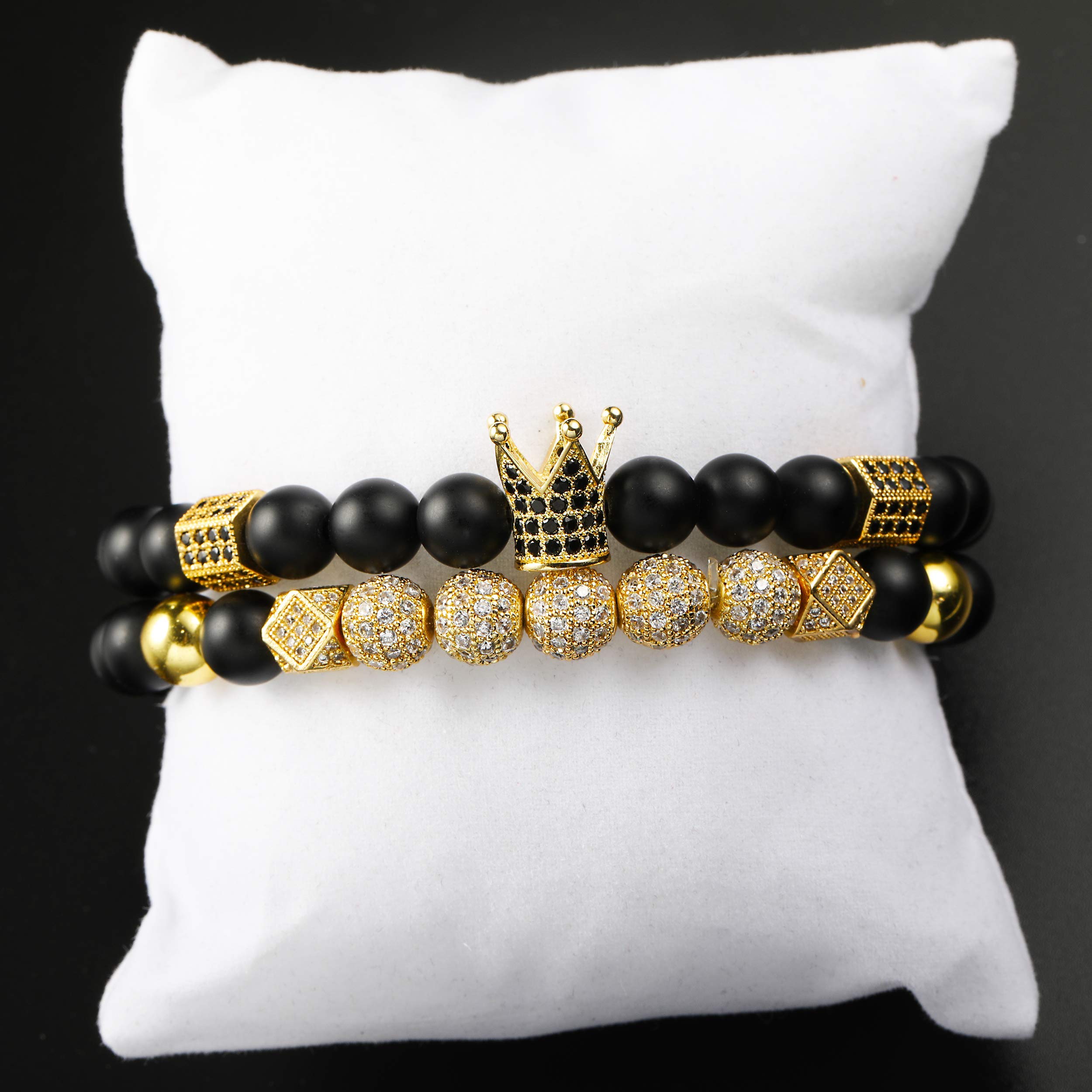 FUNEIA 2PCS 8mm Crown King Charm Beads Bracelet for Men Women Natural Black Matte Onyx Stone Beads, 7.5"
