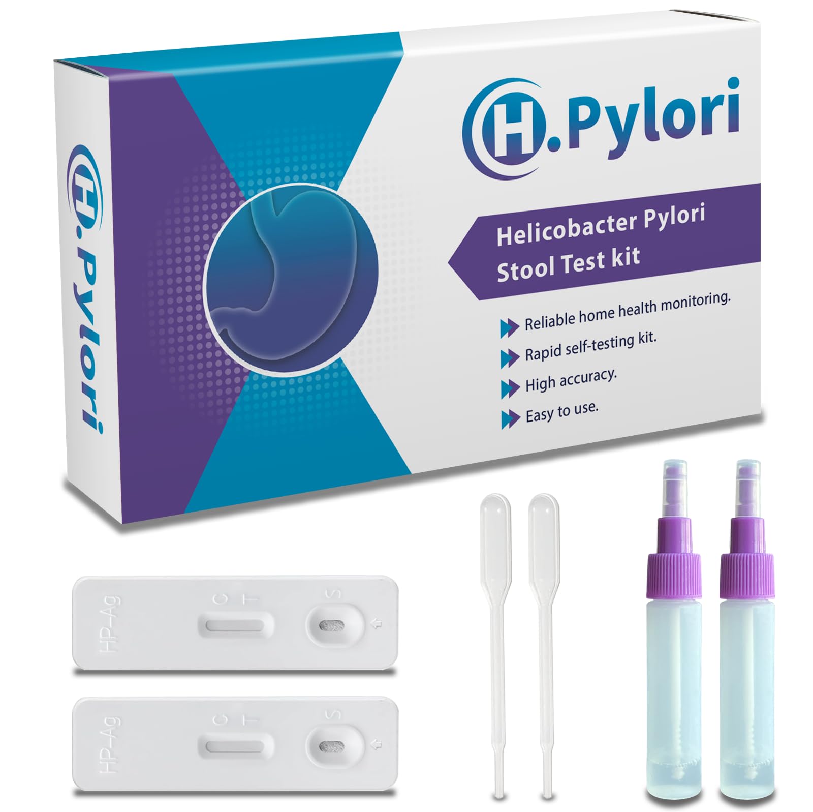 STOOL - Helicobacter Pylori Stool Test Kit - 2 Tests, H Pylori (Fecal)Antigen Self Test Kit, H-pylori Home Test Kit, Quick Home Test Within 15 Minutes, Highly Accurate Results, Easy to Use. Model: 011