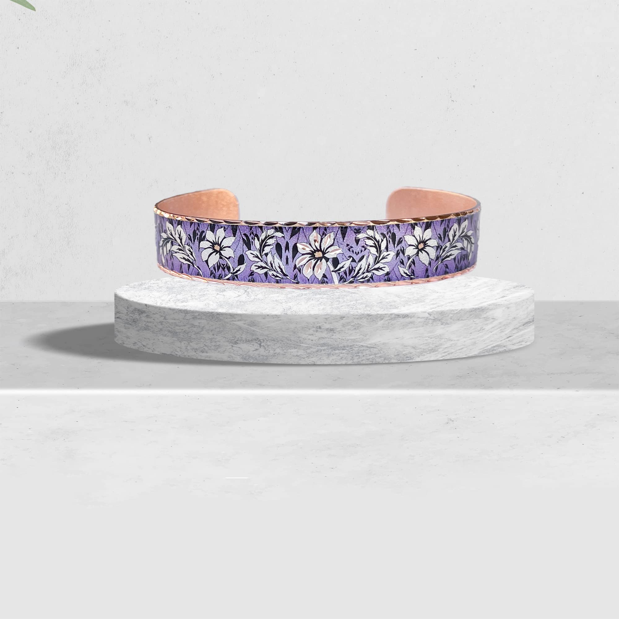 FRONT LINE JEWELRY Women's Flower Bracelets Cuff Open Flower Cuff Daisy Flower on a Sleek Purple Copper Cuff Nature Jewelry