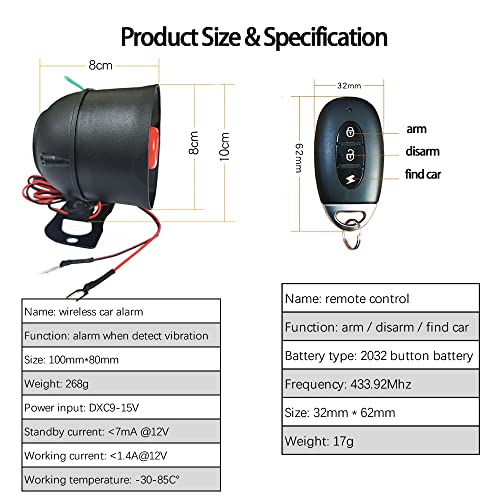 VJOYCAR DIYV1 1-Way Wireless Car Alarm Vehicle Security System Anti-Theft Burglar Vibration Sensor Horn Siren Universal 12V Auto Anti-Theft Protection System Simple DIY Install