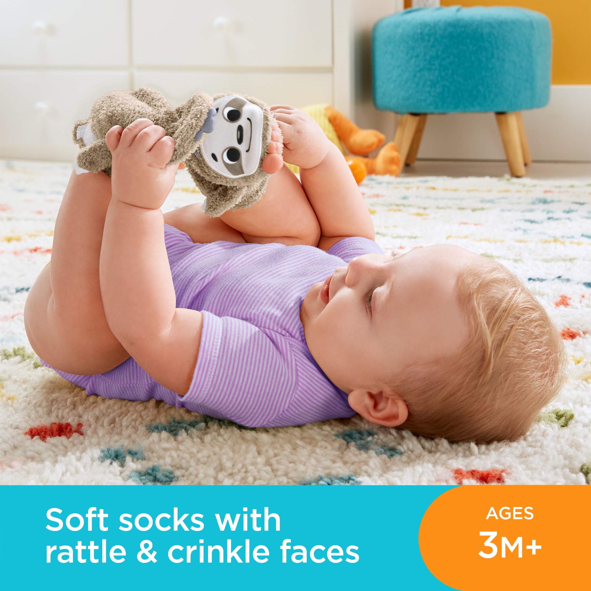 Fisher-Price Sloth Activity Socks, Adjustable Pair of Wearable Baby Rattle Toys