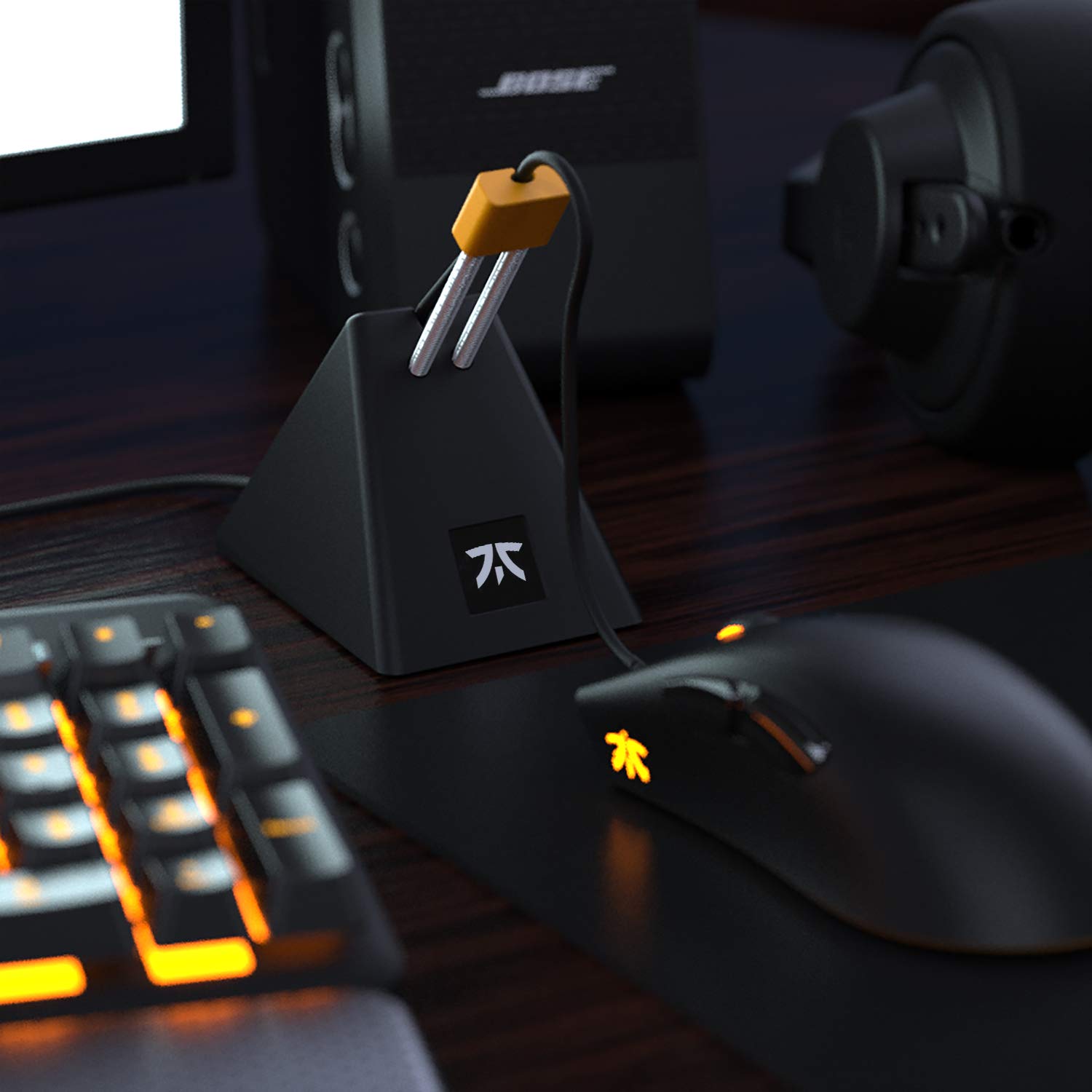 Fnatic Gaming Mouse Bungee Cable Management System for All Regular Mouse Cables, PC Mouse Cable Stand, Rubber Feet, Adjustable Spring, Black/Orange, 240g, 3.82 x 2.17 x 2.80