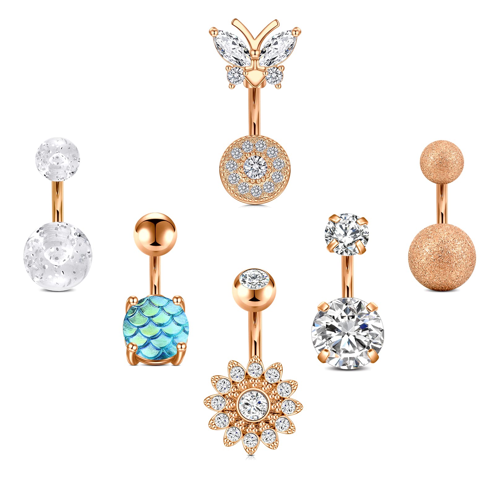 FECTAS 14G Surgical Steel Belly Button Rings for Women Navel Belly Ring Pack Crystal CZ Rose Gold Silver 6mm or 10mm Piercing Barbell