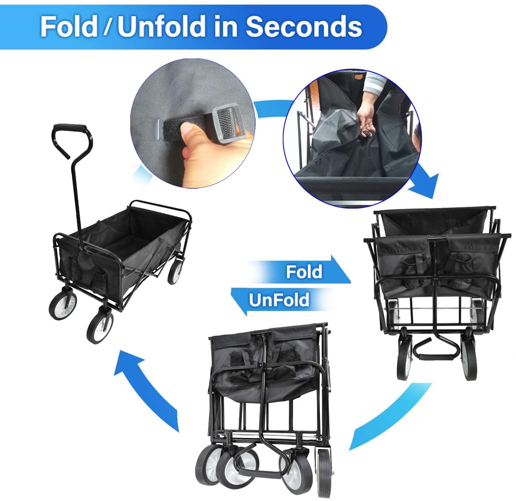 Folding Collapsible Wagon,Large Capacity Outdoor Wagons Carts Heavy Duty Foldable Utility with Big All-Terrain Wheels &2 Side Pocket for Camping,Sports, Garden Shopping Beach Cart(Black)