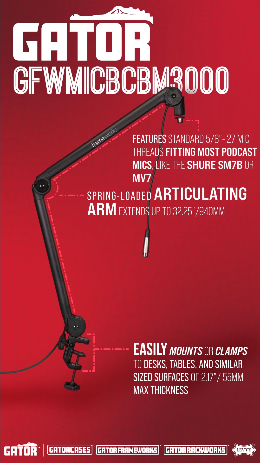 Gator Frameworks Deluxe Desk-Mounted Broadcast Microphone Boom Stand For Podcasts & Recording, Integrated XLR Cable (GFWBCBM3000), Black