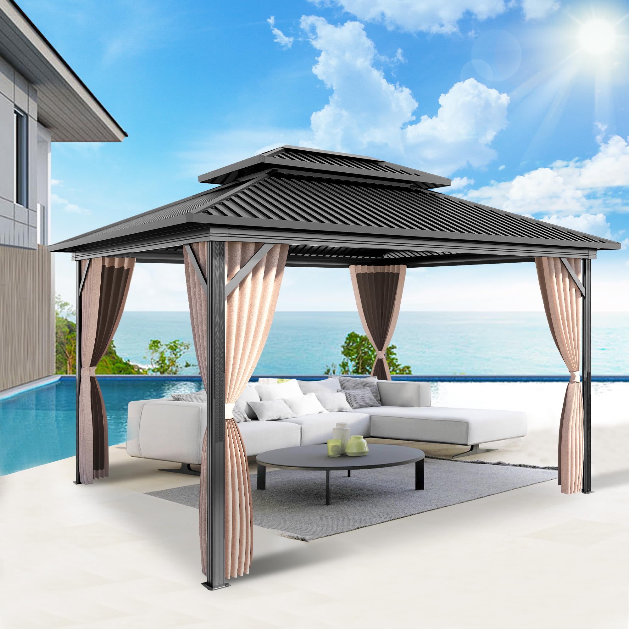 Funny Sunny 10x12ft Hardtop Gazebo, Heavy Duty Double Top Galvanized Iron Metal Pergola Roof, Aluminum Frame with Curtains & Netting, Outdoor Vertical Striped Panel Canopy for Patio Backyard Garden