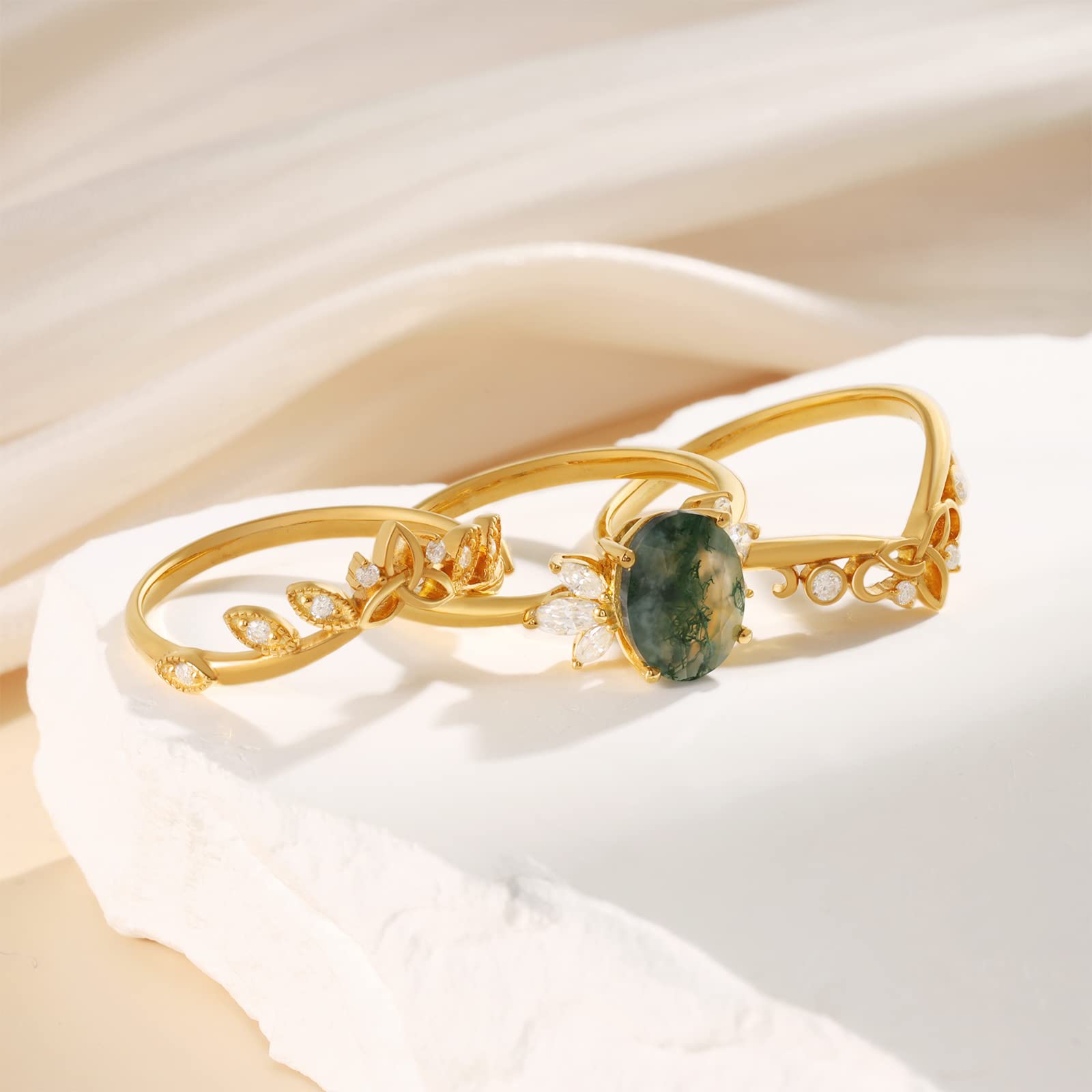 GEME Oval Moss Agate Women's Engagement Ring, 925 Silver Black Rutilated Quartz Promise Rings 18K Plated Jewelry with moissanite for Her Lady Women