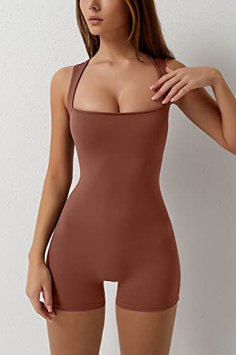 QINSEN Women's Sexy Tube Top One Piece Jumpsuit Square Neck Short Length Romper Brown S
