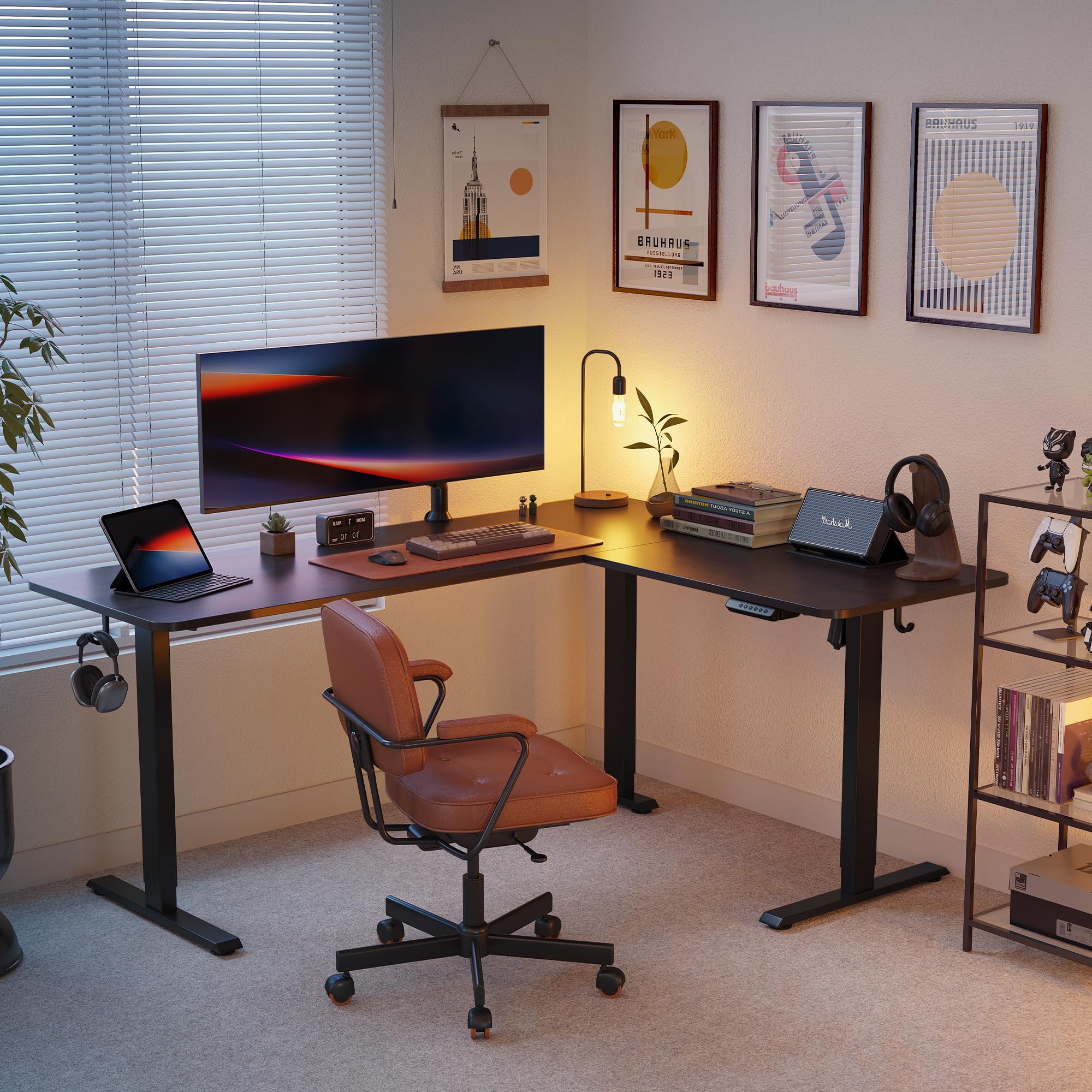 FEZIBO L Shaped Standing Desk Adjustable Height, 63 Inch Electric Stand up Corner Computer Desk, Sit Stand Home Office Desk with Splice Board, Light Walnut Top/White Frame
