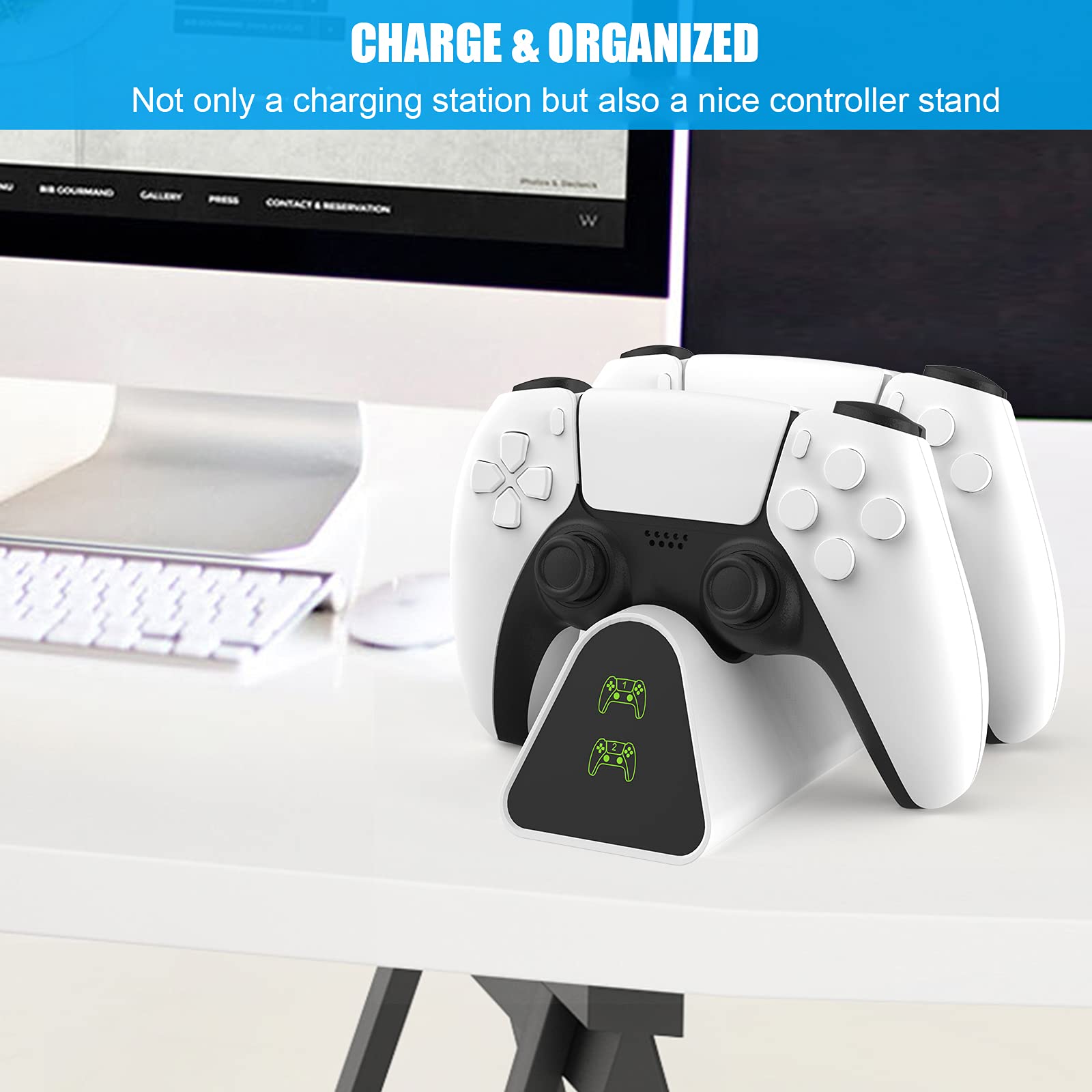 FnOoRw PS5 Controller Charging Station, Upgraded PS5 Charging Station with Long Power Cord AC Adapter, Fast Charging 3 Hours, PS5 Accessories for Dualsense Charging Station