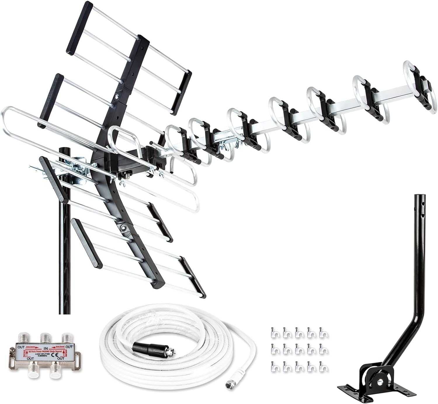 Five Star Outdoor HDTV Antenna up to 200 Mile Long Range, Attic or Roof Mount TV Antenna, Long Range Digital OTA Antenna for 4K 1080P VHF UHF Supports 4 TVs Installation Kit & J Mount