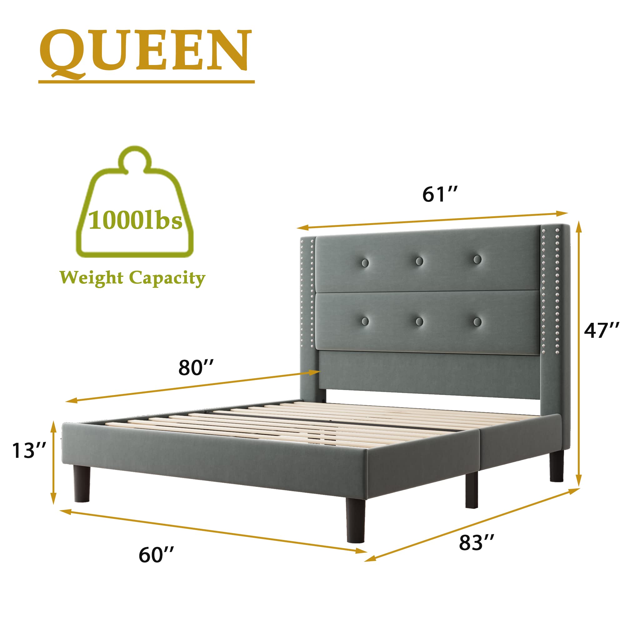 Feonase Queen Bed Frame, Modern Velvet Upholstered Platform Bed Frame with Button Tufting Headboard, Solid Wood Slats Support, No Box Spring Needed, Easy Assembly, Gray