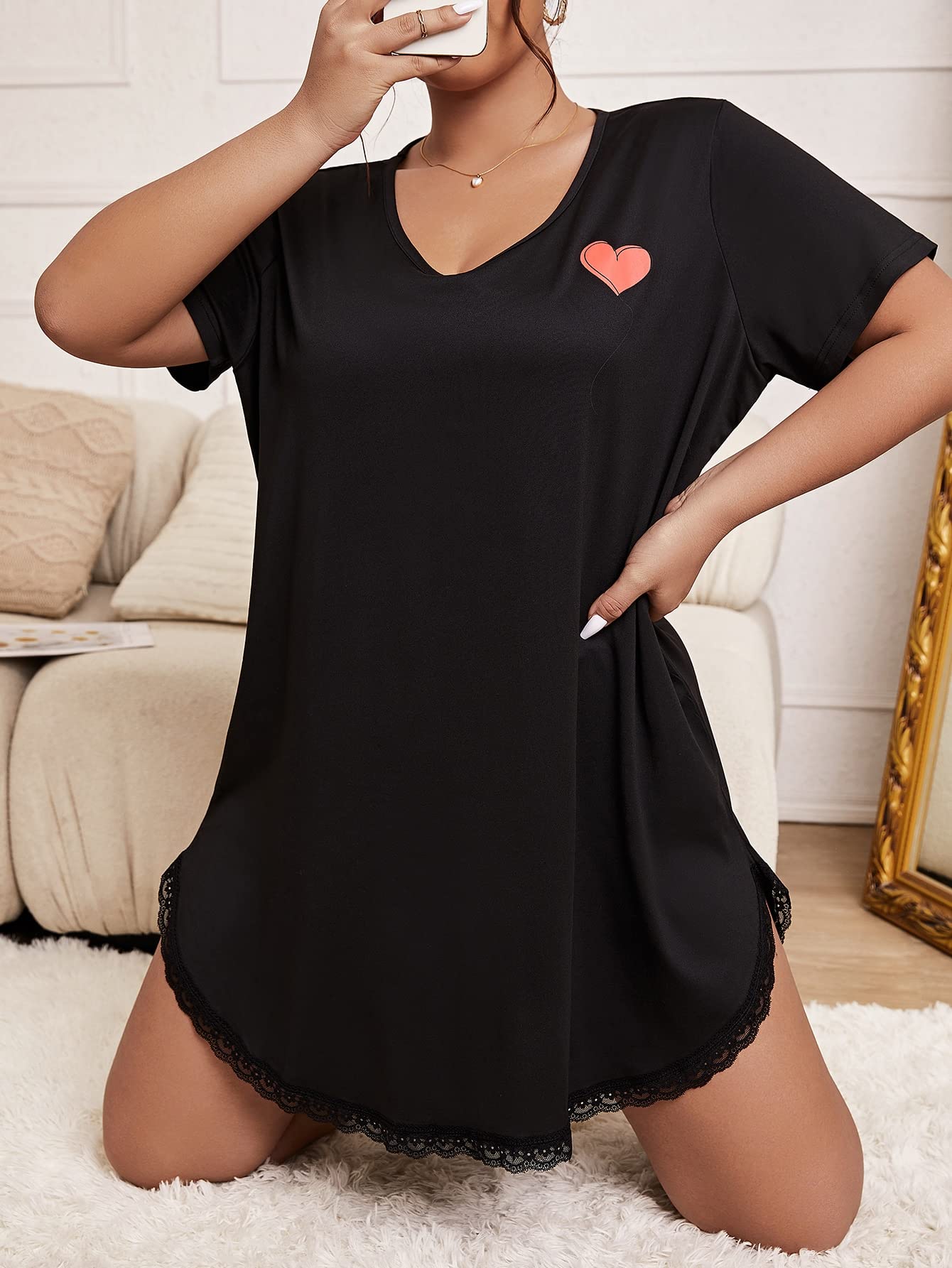 Floerns Women's Plus Size V Neck Short Sleeve Lace Trim Nightdress Sleepwear Black 3XL