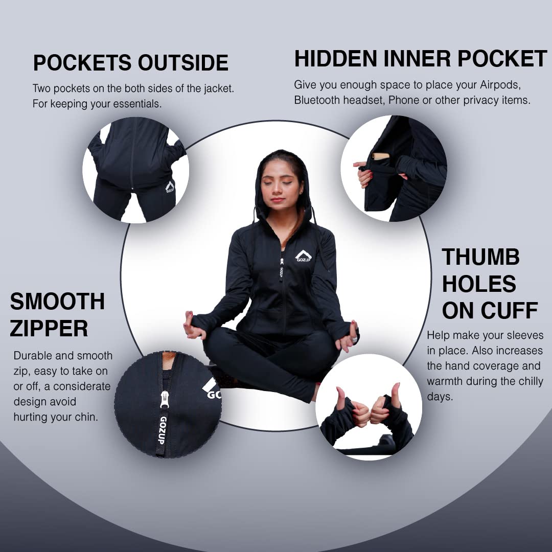 GOZUP Workout Jackets for Women - Full Zip Lightweight Quick Dry Hooded Black