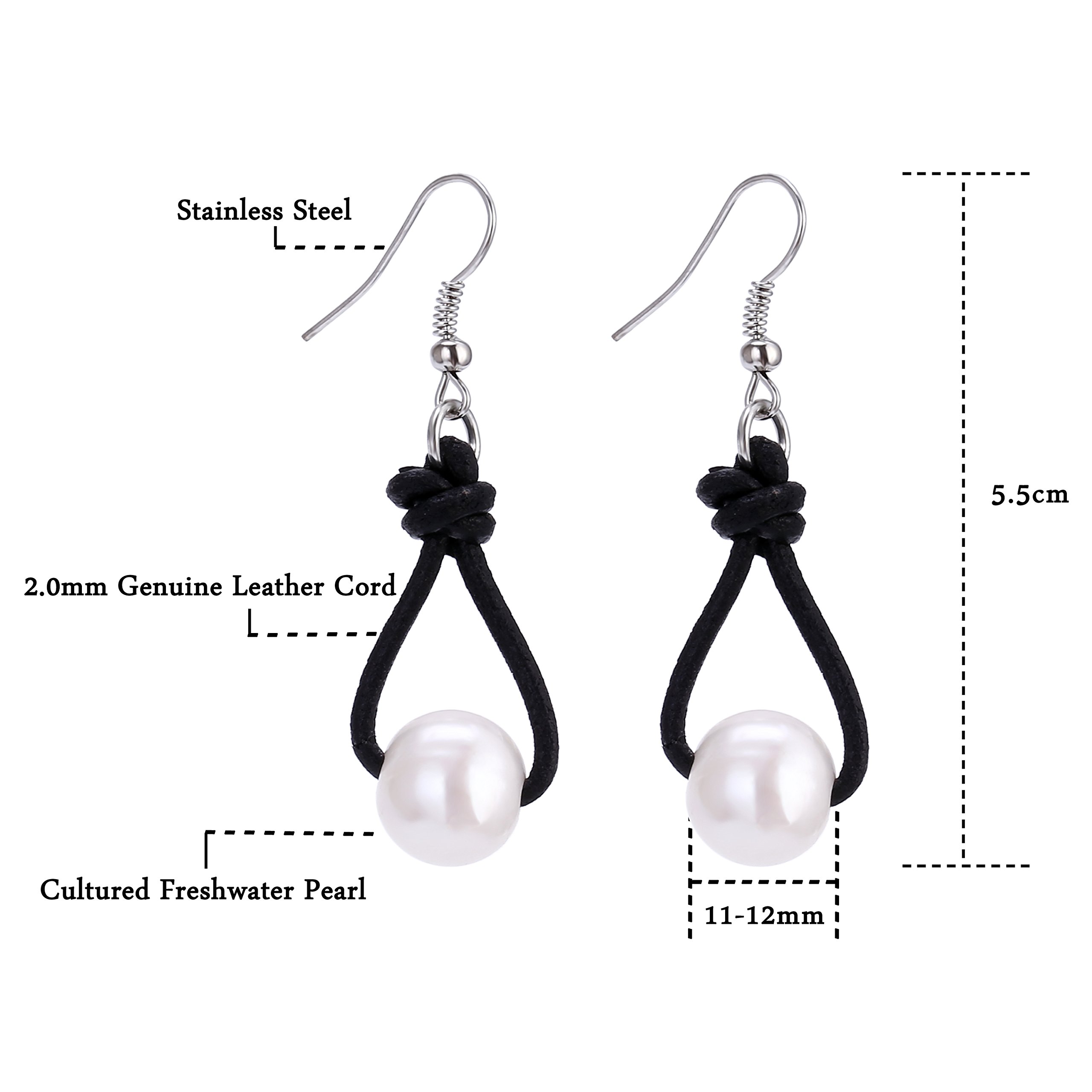 Freshwater White Pearl Dangle Earrings Genuine Leather Cord Hook Drop Bohemian Jewelry for Women Black