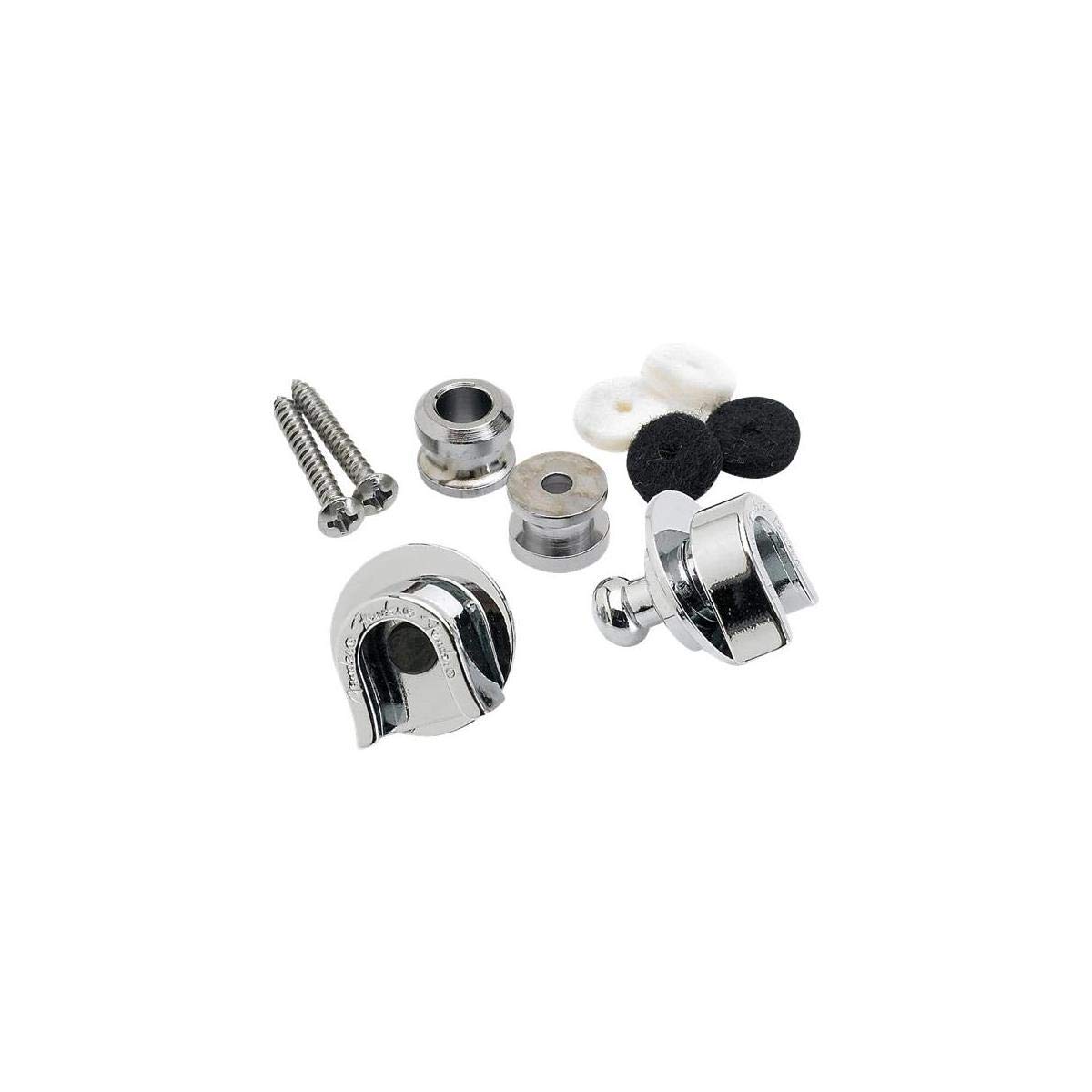 Fender Guitar Strap Lock with Chrome Buttons and Wood Mounting Screws, 1 Set of 2 Security Guitar Strap Locks for Guitar and Guitar Strap, Black and White Felt Washers, 1 Set