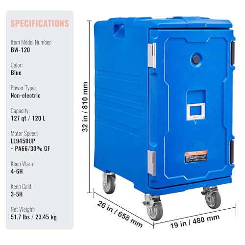 VEVOR Insulated Food Pan Carrier, 127 Qt Hot Box for Catering, LLDPE Food Box Carrier w/Double Buckles, Front Loading Food Warmer w/Handles, End Loader w/Wheels for Restaurant, Canteen, etc. Blue