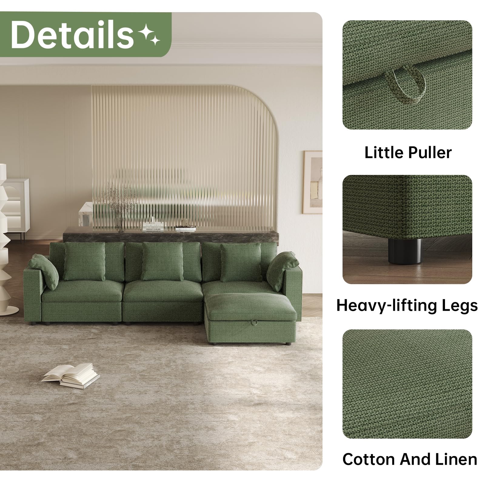 Guyii Sectional Sofa Couch, Modern Luxury Oversized 4-Seater Green Sofa with Storage Ottoman, Convertible Sofa with Back Cushions, L-Shaped Sofa for Living Room, Apartment, Home