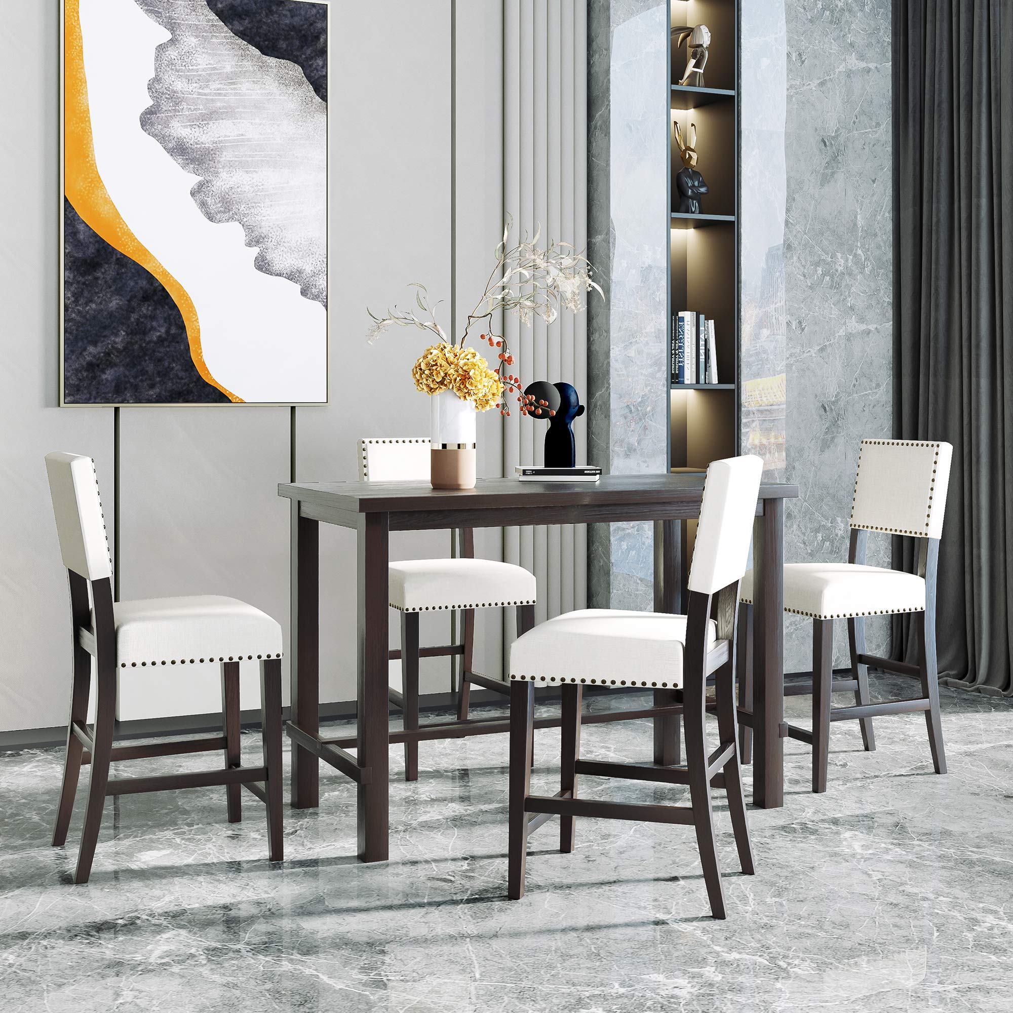 FRANSOUL Classic and Traditional Style 6 Piece Set, Rectangular Extendable Table,Desk, 4 Upholstered Dining Chairs,Bench,Kitchen Dinette,Diningroom,Guest Room, Home Bar,White+Gray