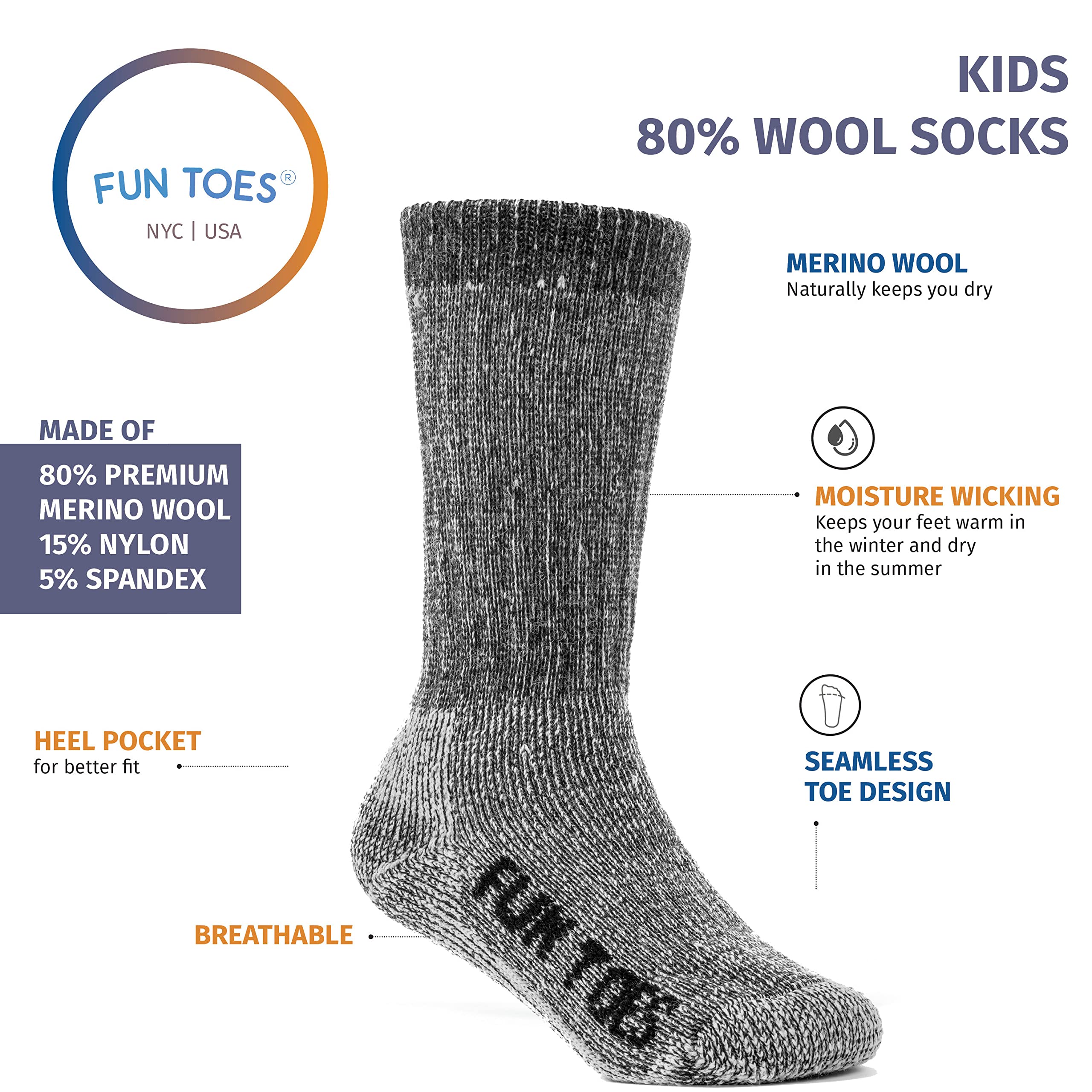 FUN TOES Children's 80% Thermal Merino Wool Socks 3 Pairs Mid Weight For Winter Ski Sport (Black, 4-6 XSmall)