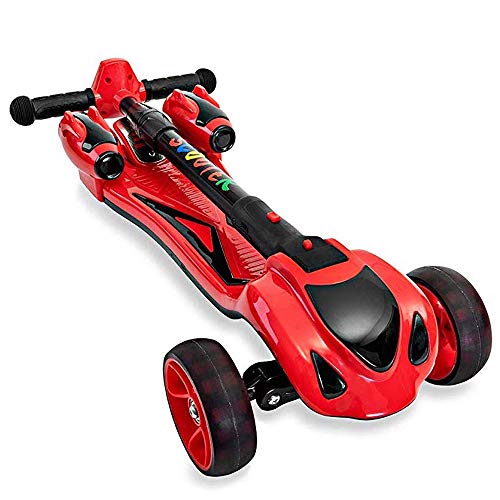 FOREVIVE Children's Scooter 3-Wheel Scooter with Colorful LED Flash Wheel, Music, Spray Steam, Foldable, Height-Adjustable, Suitable for Children Aged 3-12 (Red)