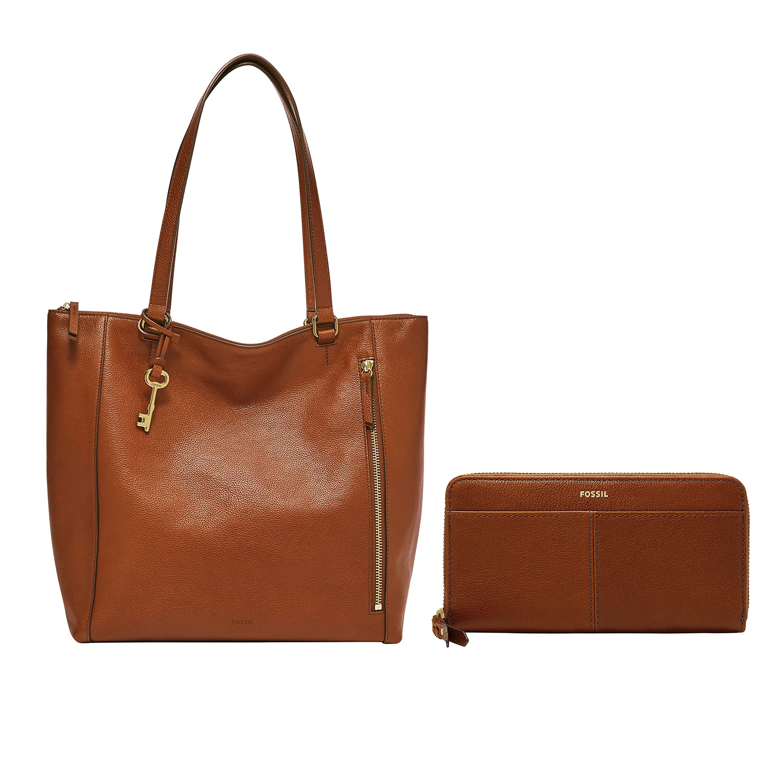 Fossil Women's Tara Leather Shopper Tote Purse Handbag, Brandy Women's Tara Leather Zip Around Clutch Wallet, Brandy