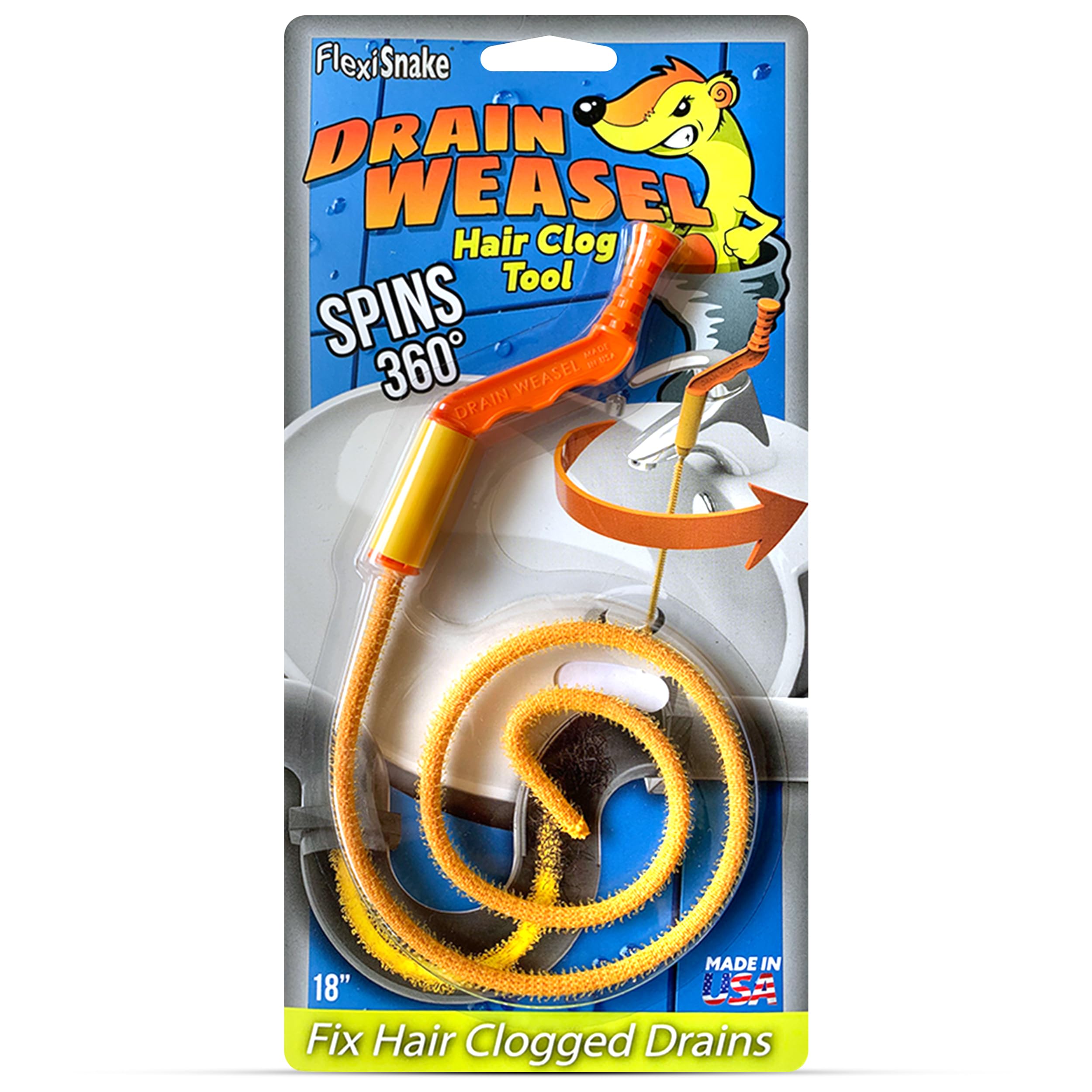 FlexiSnake Drain Weasel Sink Snake Hair Clog Remover Tool Kit, Sink, Pipe, Bathroom, Bathtub Drain Cleaner, 18-inch Long, Flexible, Made in The USA, 1 Wand and Removable Handle