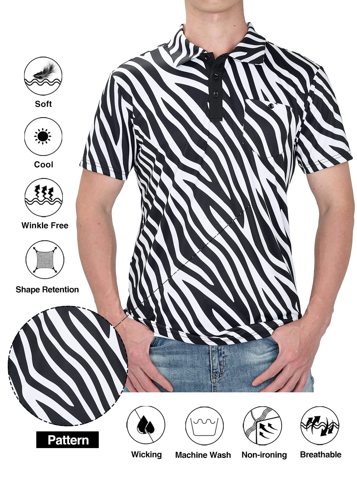 FRTCV Mens Polo Shirts Short Sleeve Zebra Print Golf Shirt with Pocket Wrinkle Free Size XL