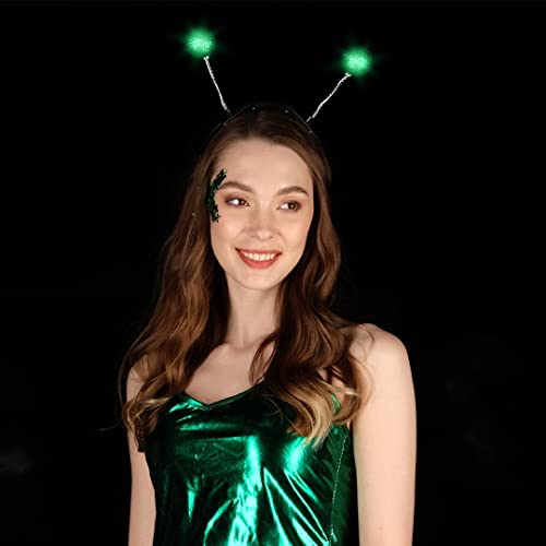 Funcredible Light Up Alien Headbands and Glitter - Green Martian Light Up Alien Antenna Headband - Space Costume Accessories - Sparkly Alien Costume