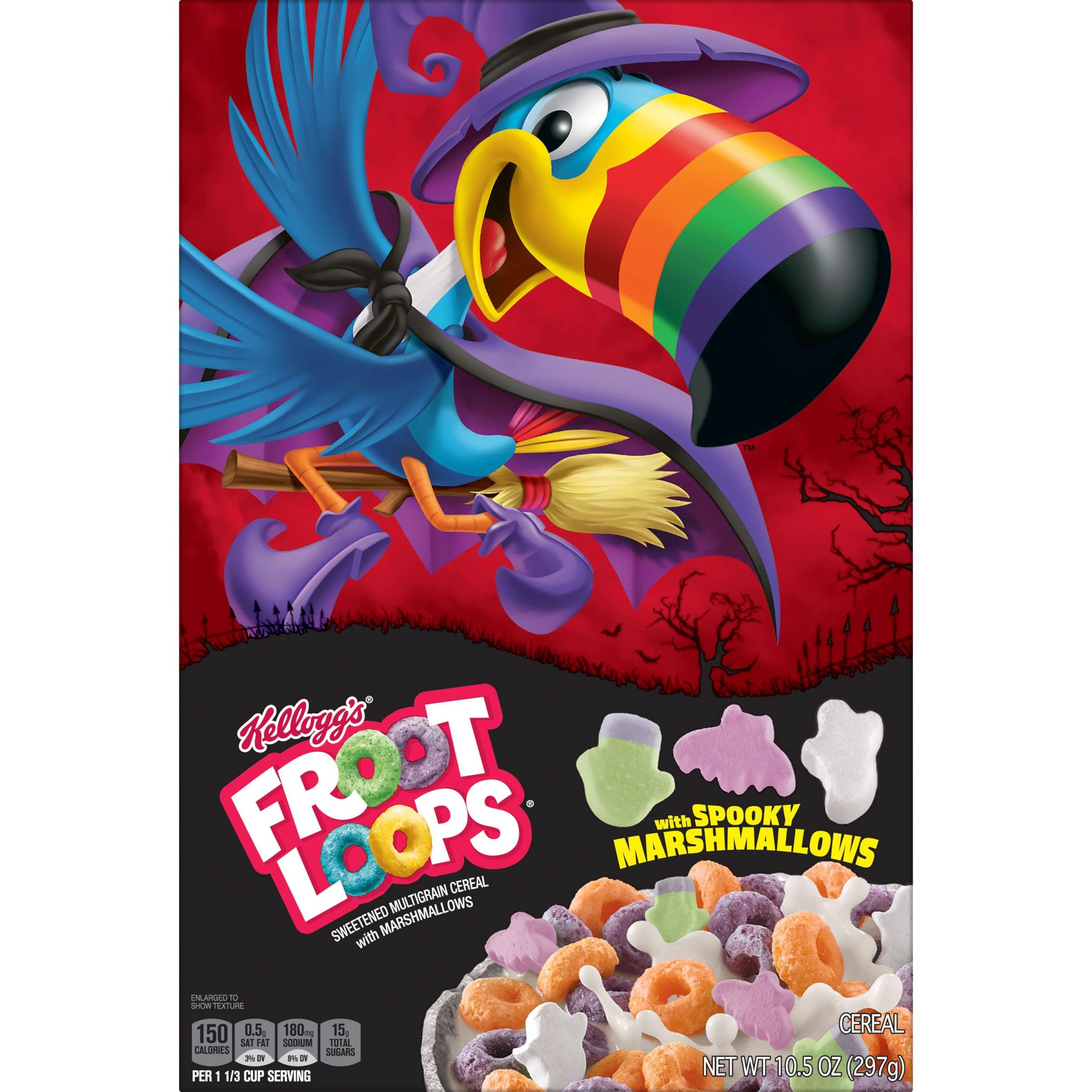 Froot Loops Breakfast Cereal with Marshmallows, Fruit Flavored, Halloween Snacks, Original with Spooky Marshmallows, 10.5oz Box (1 Box)