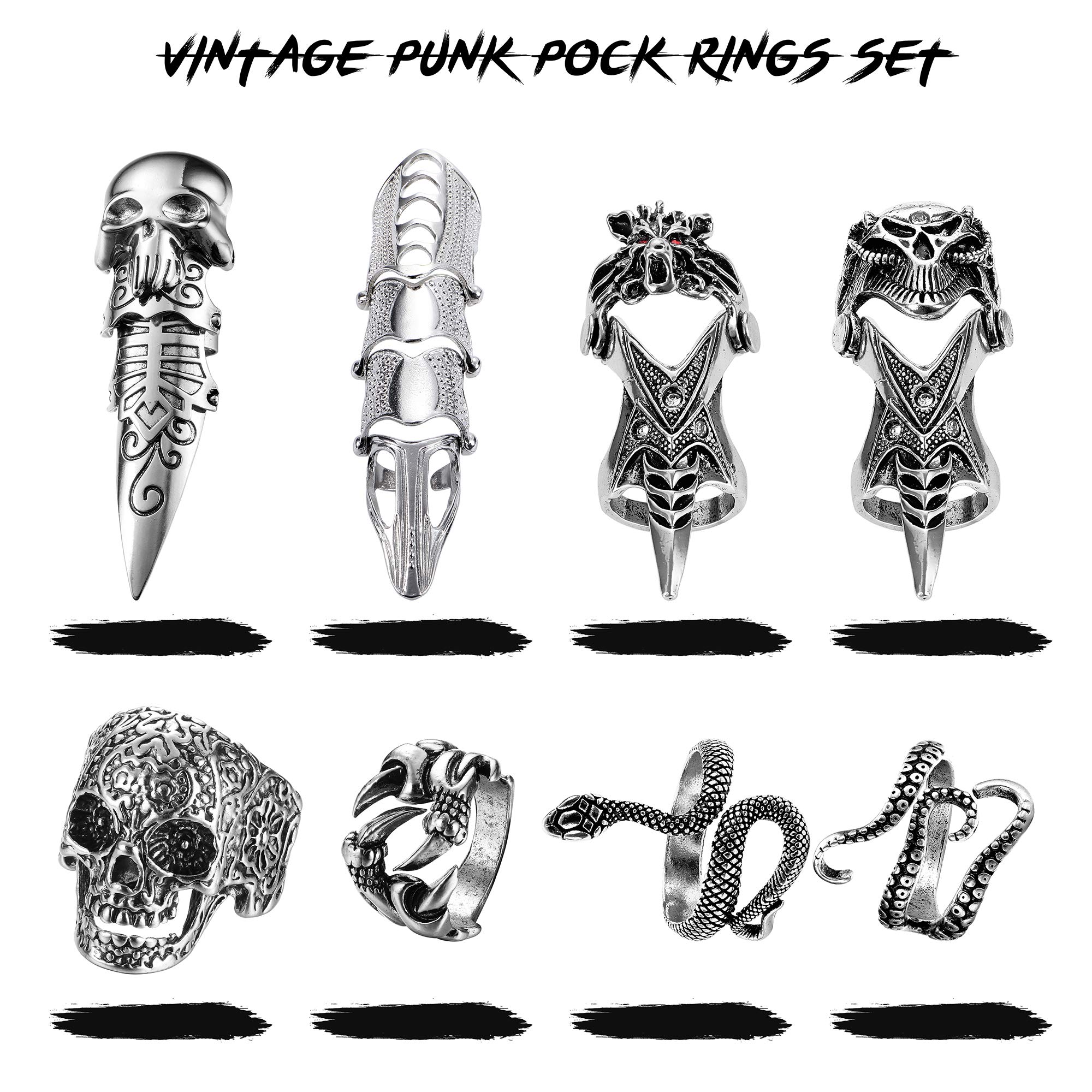 FIASASO 8Pcs Vintage Punk Rings for Men Women Gothic Octopus Dragon Claw Snake Wolf Skull Rings Open Adjustable Rings Set Jewelry