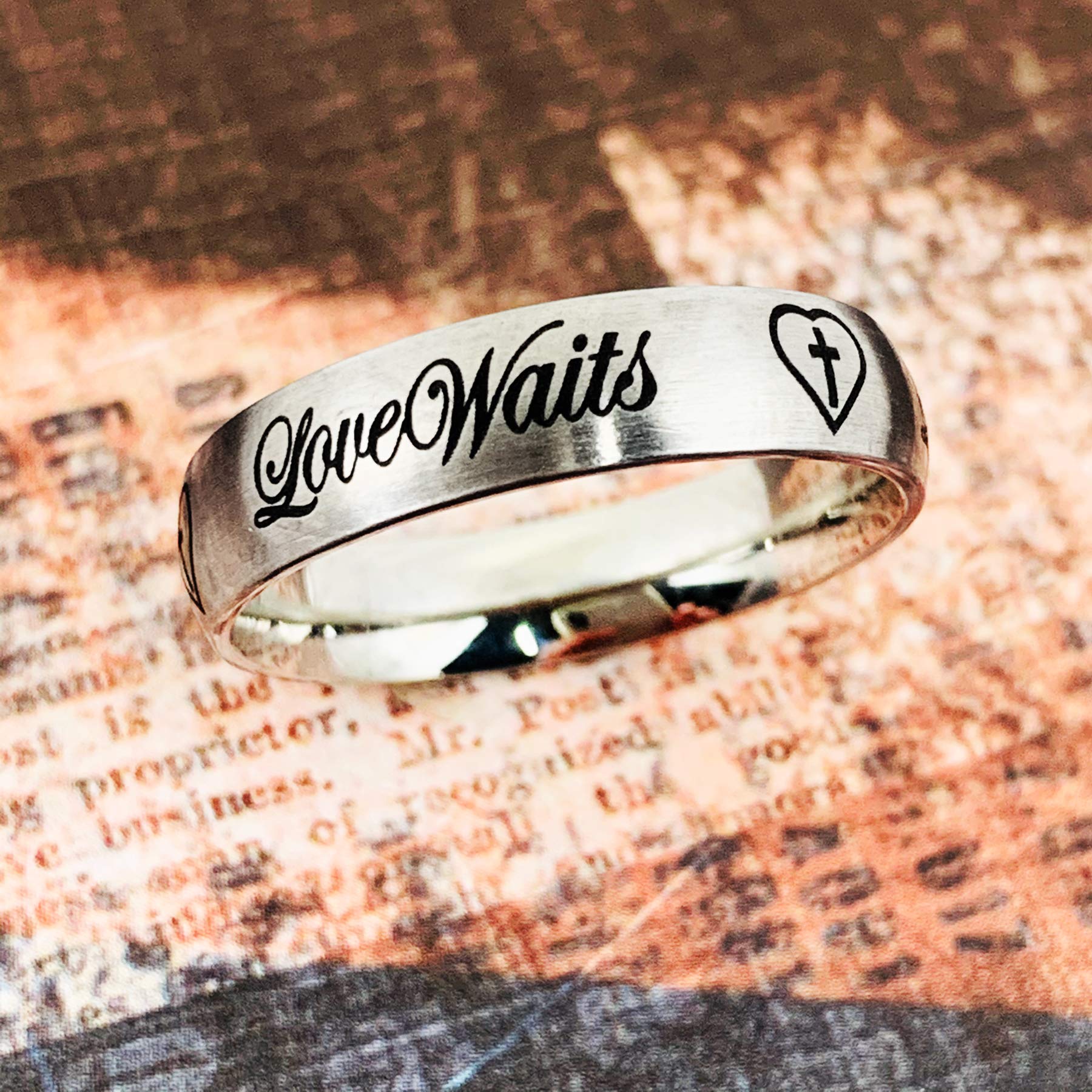 FORGIVEN JEWELRY RSLW Love Waits Cursive Purity Band Stainless Steel Ring size 6-Christian Jewelry