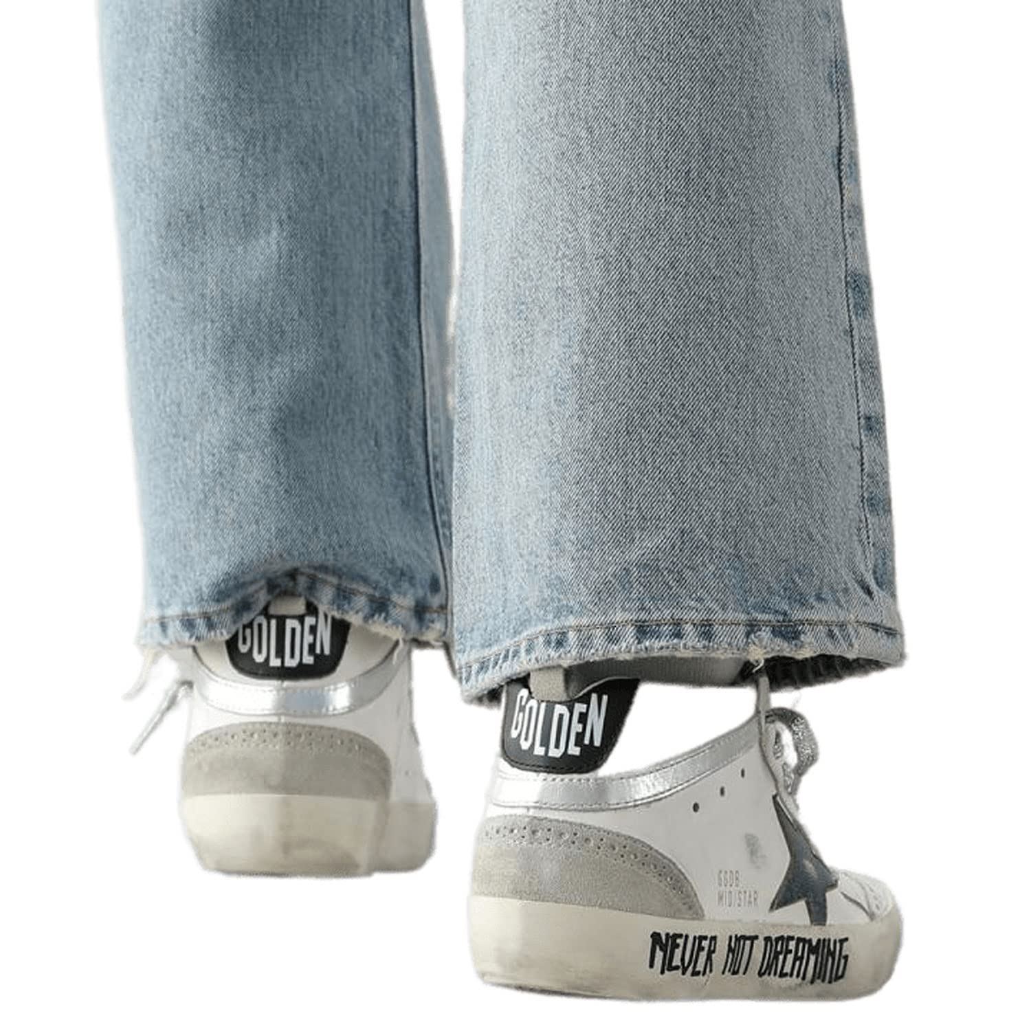 Golden Goose Mid Star Leather Upper Vintage Laminated Star Laminated Wave Suede Spur Signature Foxing Womens Distressed Sneakers-38 White