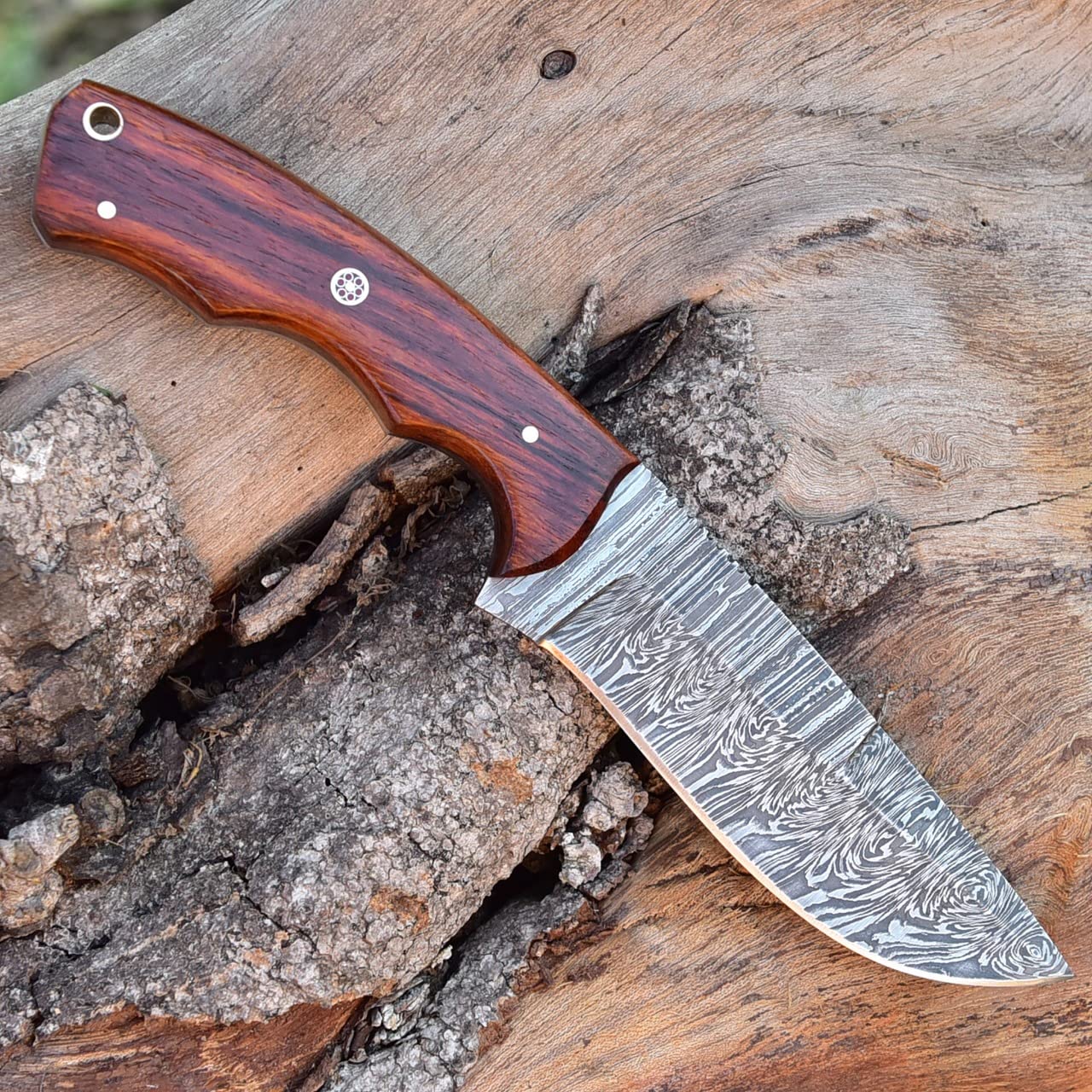 Grace Knives Hunting Knife Damascus Steel 9.25 Inches Fixed Blade Knife with Leather Sheath G-1086 (Rose Wood)