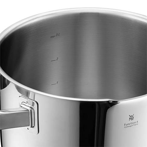 WMF sauce pan Ø 16 cm approx. 1,4l Function 4 Inside scaling lid - pour off or decant liquids without spilling to keep your dishes and cooker clean. Made in Germany hollow side handles glass lid Cromargan stainless steel brushed suitable for all stove top