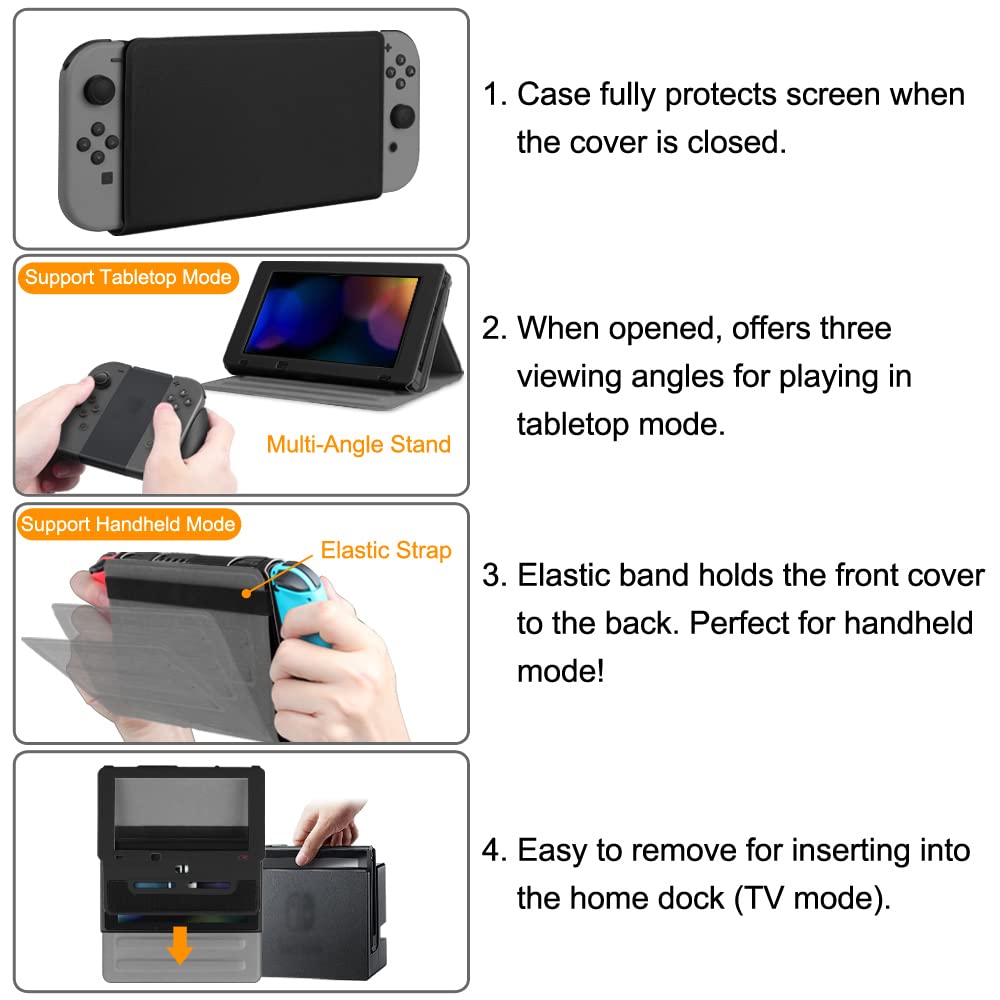 Fintie Protective Case for Nintendo Switch - [Multi-Angle Viewing] Ultra Slim Vegan Leather Play Stand Cover with Elastic Strap for Nintendo Switch 2017 - Black