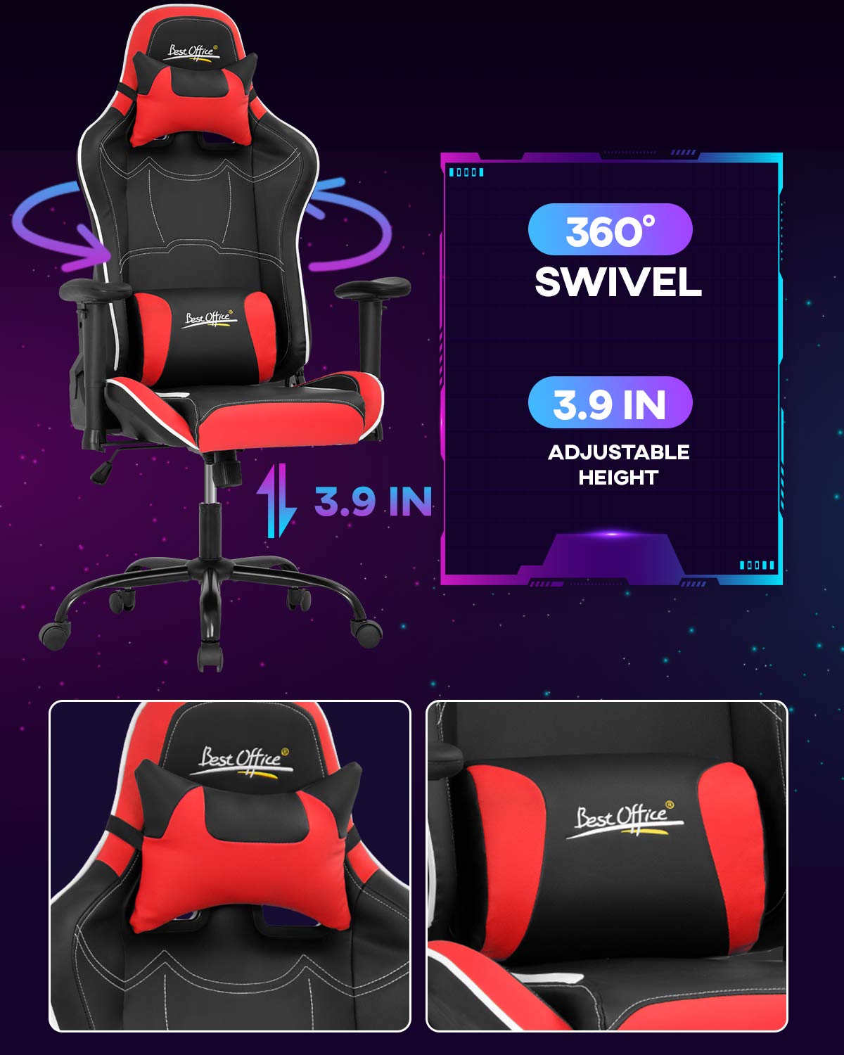 Gaming Chair Racing Chair Computer Chair with Lumbar Support Headrest Armrest PC Rolling Swivel Desk Chair Task Ergonomic PU Leather E-Sports Adjustable Office Chair(Red)