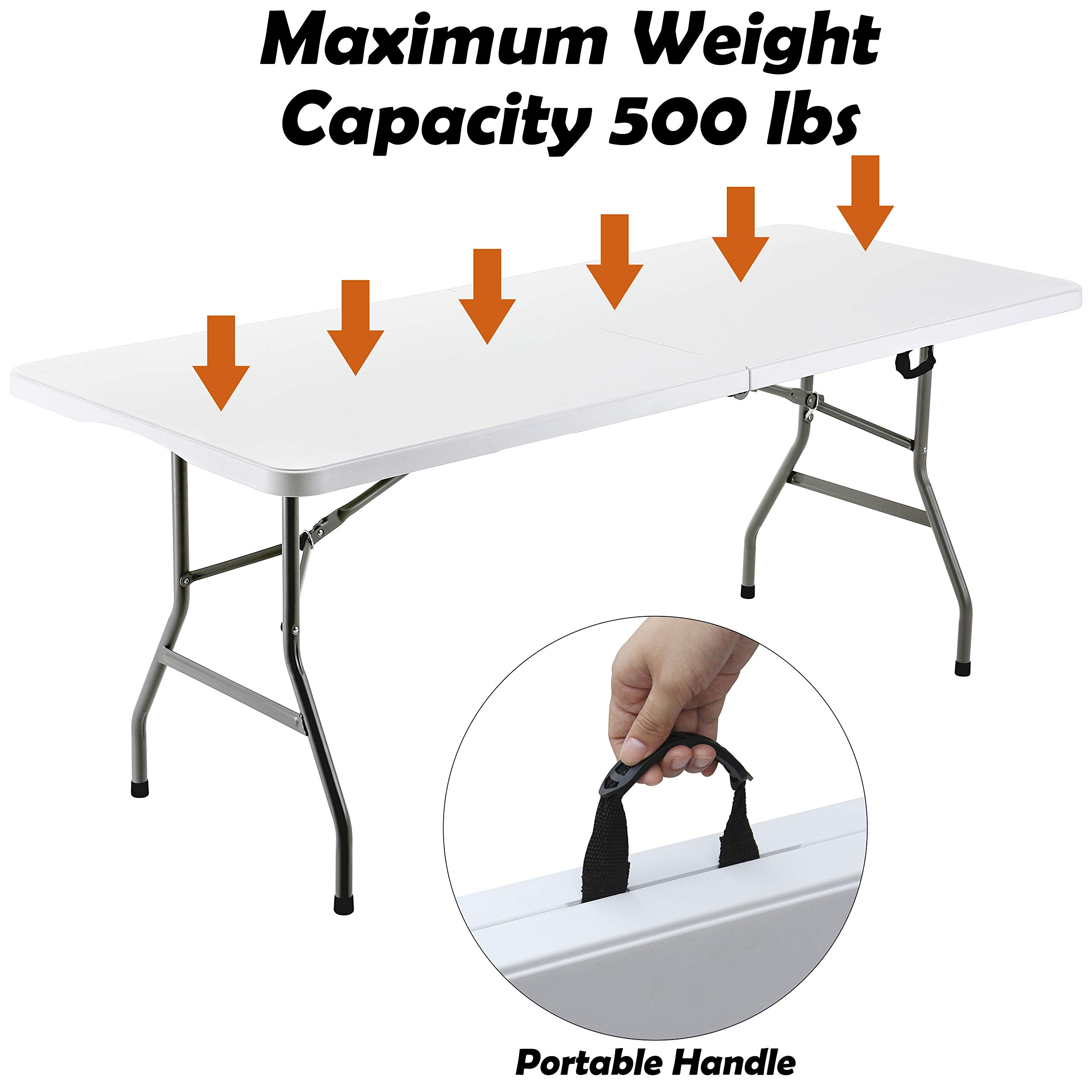 FORUP 6ft Table, Folding Utility Table, Fold-in-Half Portable Plastic Picnic Party Dining Camp Table (White)