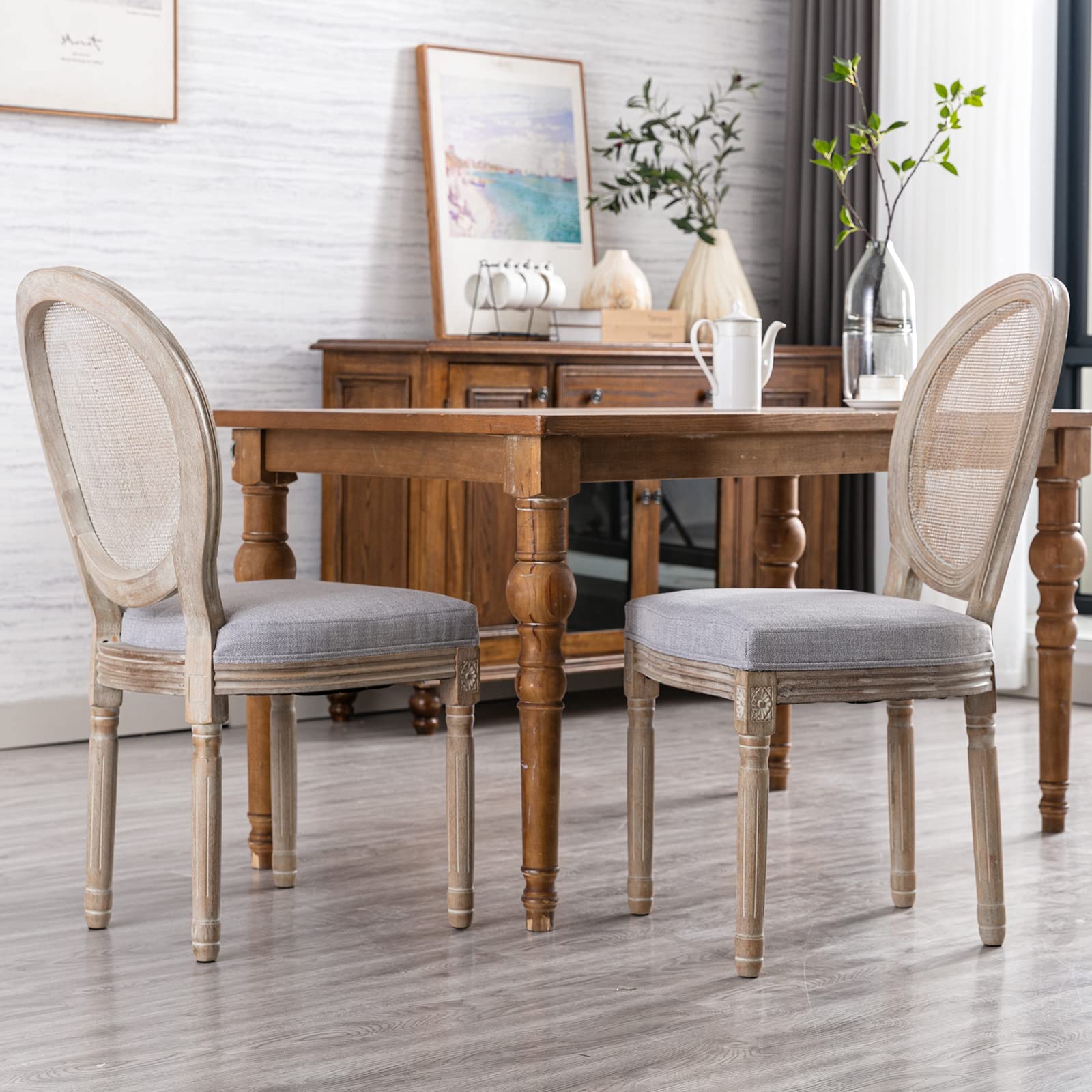 French Retro Dining Chairs Set of 2 Distressed Wood Chairs with Cane Mesh Round Back, Upholstered Seat Chairs for Dining Room/Living Room Kitchen (Gray)
