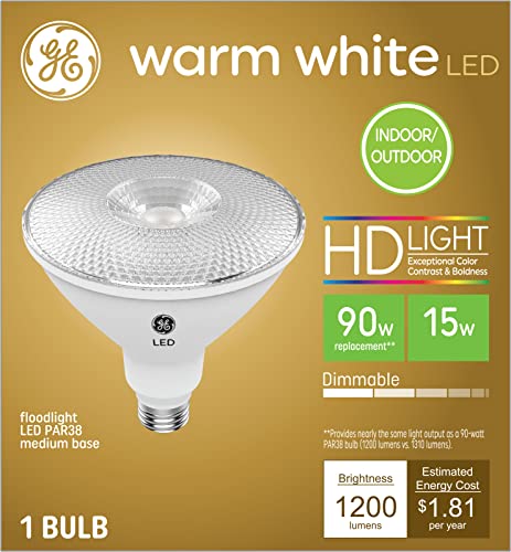 GE LED Floodlight Bulbs, 15 Watt (90 Watt Equivalent) Warm White, Medium Base, PAR38 Outdoor Floodlight Bulbs, Dimmable (6 Pack)