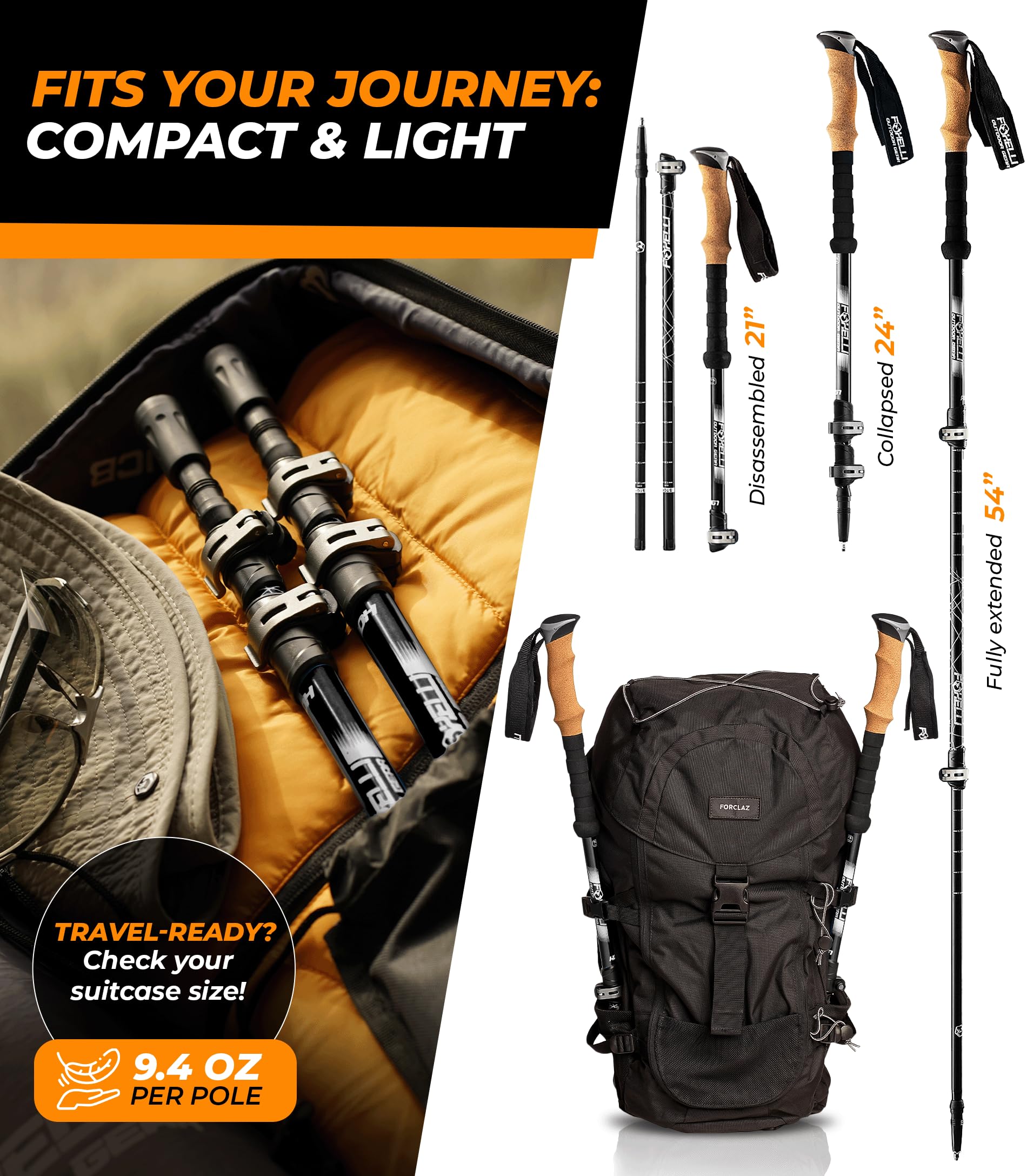 Foxelli Hiking Poles β Lightweight & Collapsible with Comfortable Cork Grips, Easily Adjustable for All Heights, Includes Carry Bag and Accessories