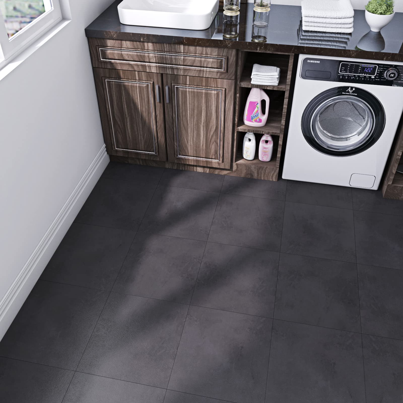 FunStick Peel and Stick Floor Tile Slate Grey Vinyl Flooring for Bathroom Floor Tiles Peel and Stick Waterproof Stick on Floor Tiles Sticky Laminate Flooring Sheets for Kitchen Bedroom 12x12In 5 Pcs