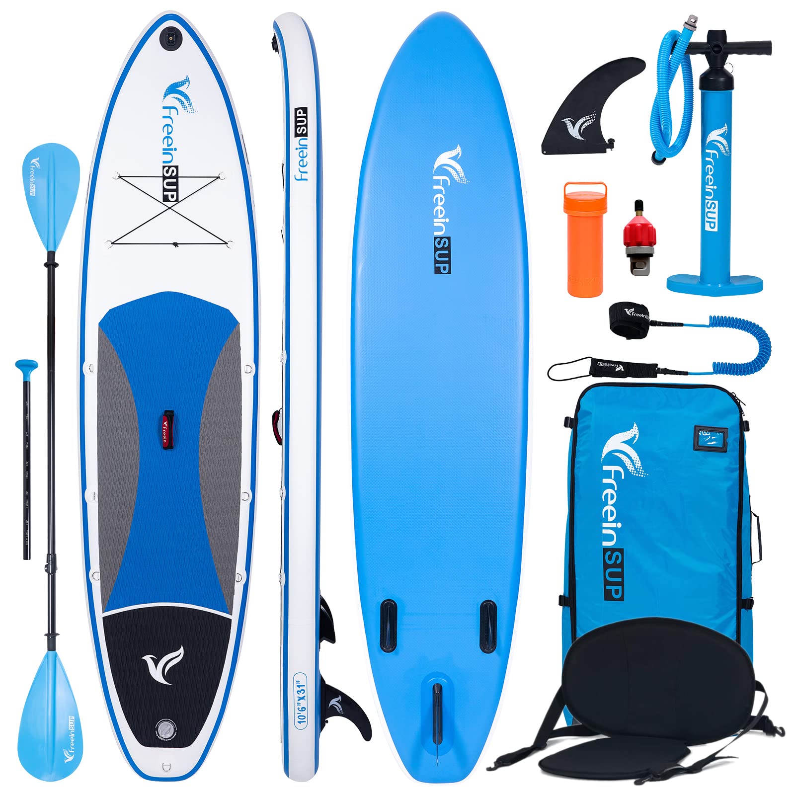 Freein SUP Inflatable Stand Up Paddle Board with Kayak Seat,Paddle Boards for Adults, Accessories sup Pump Adaptor,sup Kayak Paddle(White,10'6"