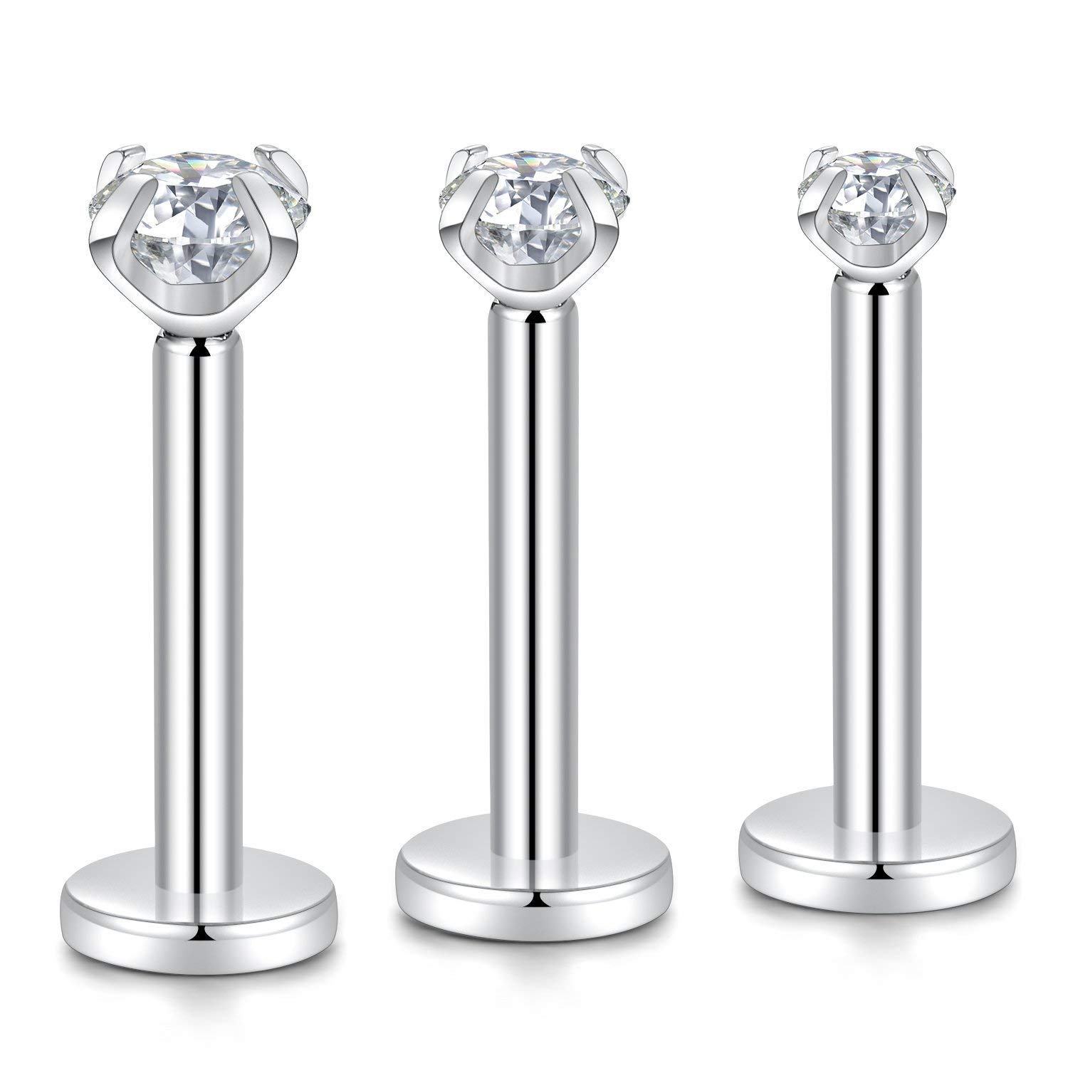 GAGABODY Forward Helix Earring 2/3/4mm Cubic Zirconia 3pcs G23 Titanium 16G 8mm Internally Threaded Labret Cartilage Tragus Monroe Lip Studs Piercing