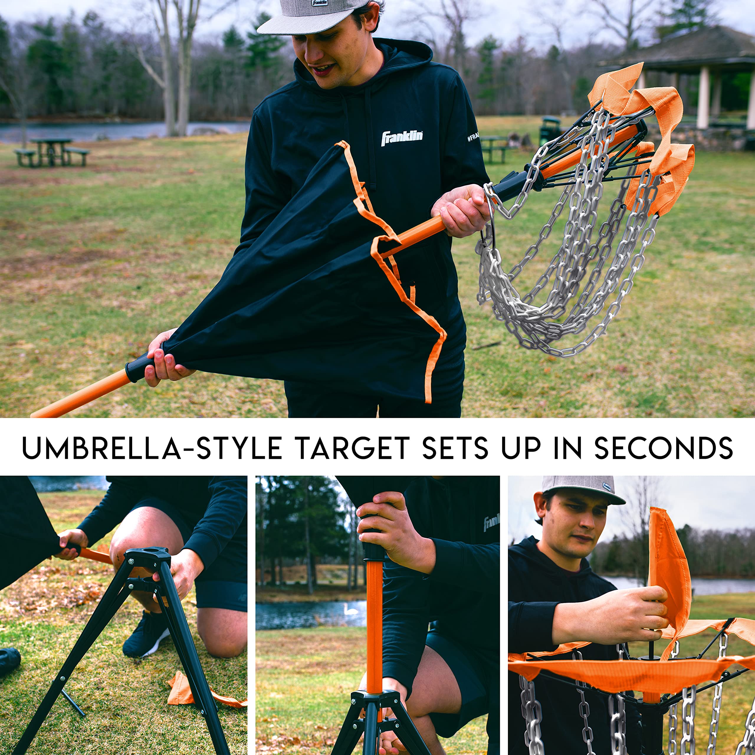 Franklin Sports Disc Golf Basket + Discs Set - Portable Disc Golf Target Basket with Chains - 3 Discs Included - Driver, Mid-Range + Putter - Steel Chains